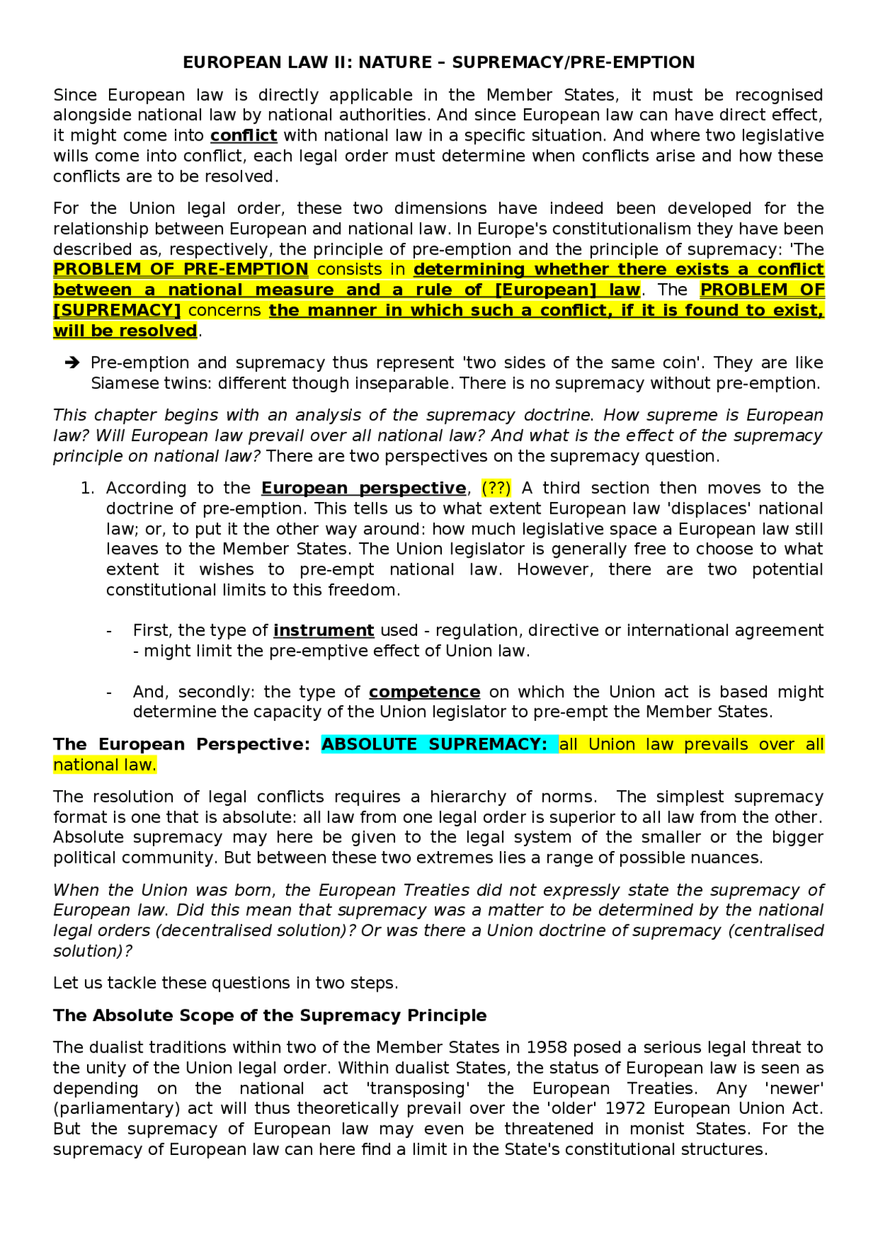 Principle of supremacy and pre-emption eu law - Docsity