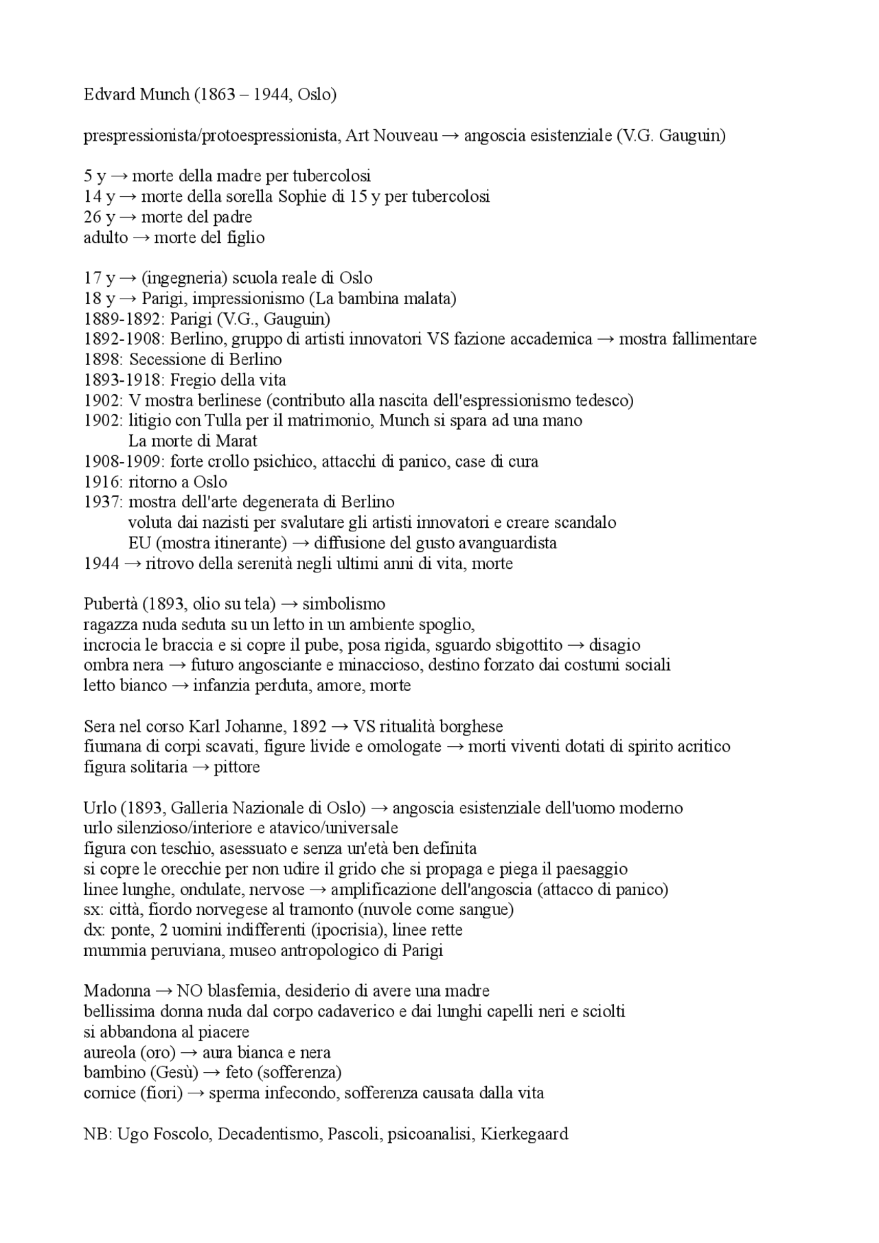 Schema Munch Vita Ed Opere Principali Docsity
