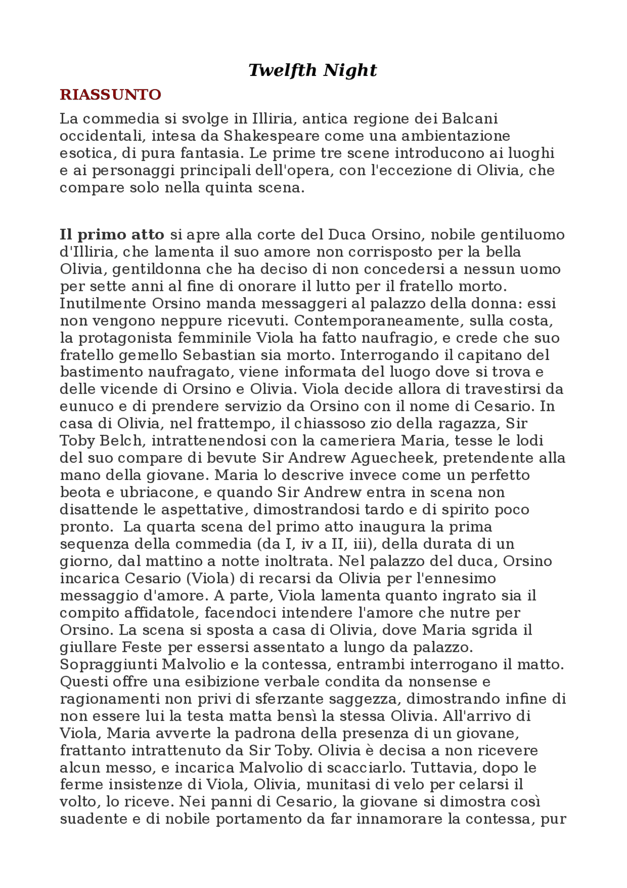 Analisi di Twelfth Night di William Shakespeare - Docsity