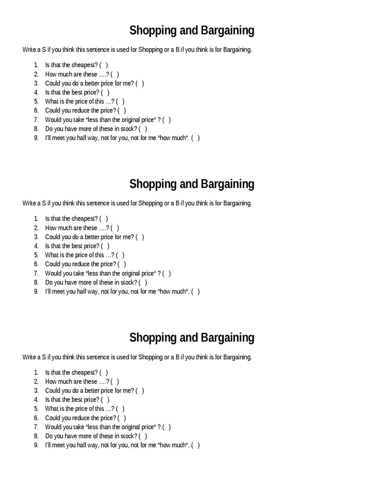 Vocabulario de compras y regateo - Docsity