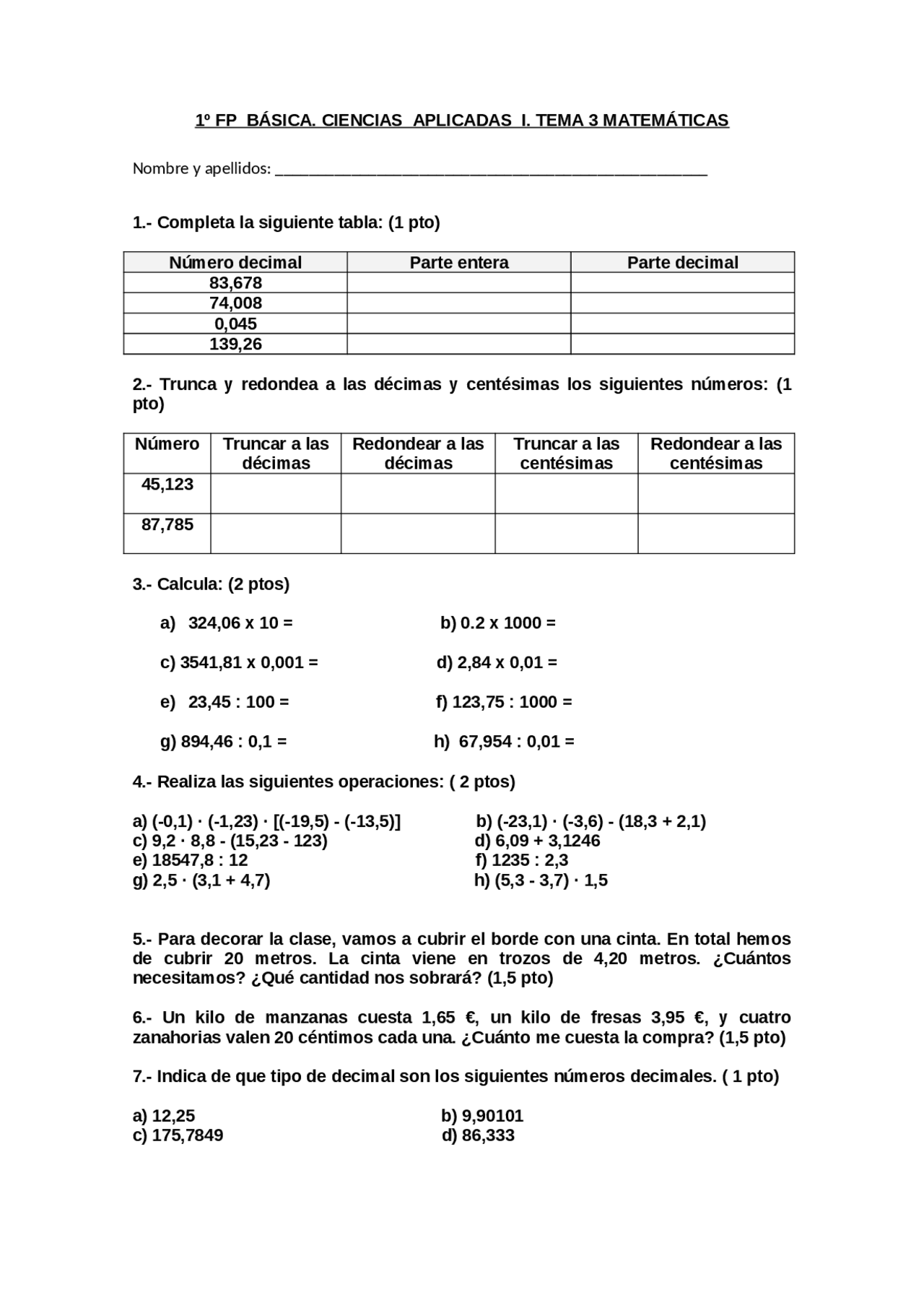 Examen MatemÁticas Tema 3 1º Fp BÁsica Docsity