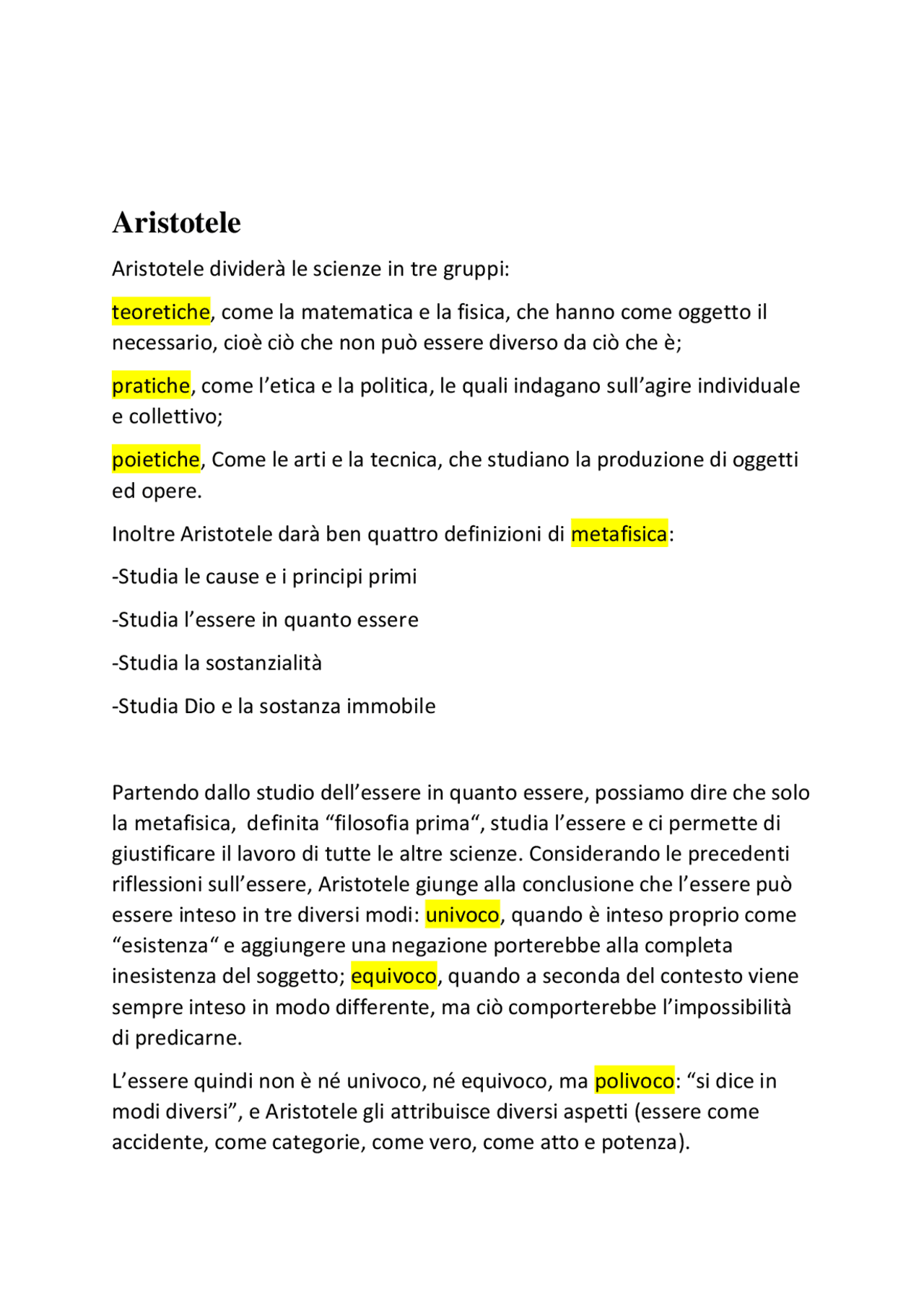 Riassunto Completo Su Aristotele Docsity