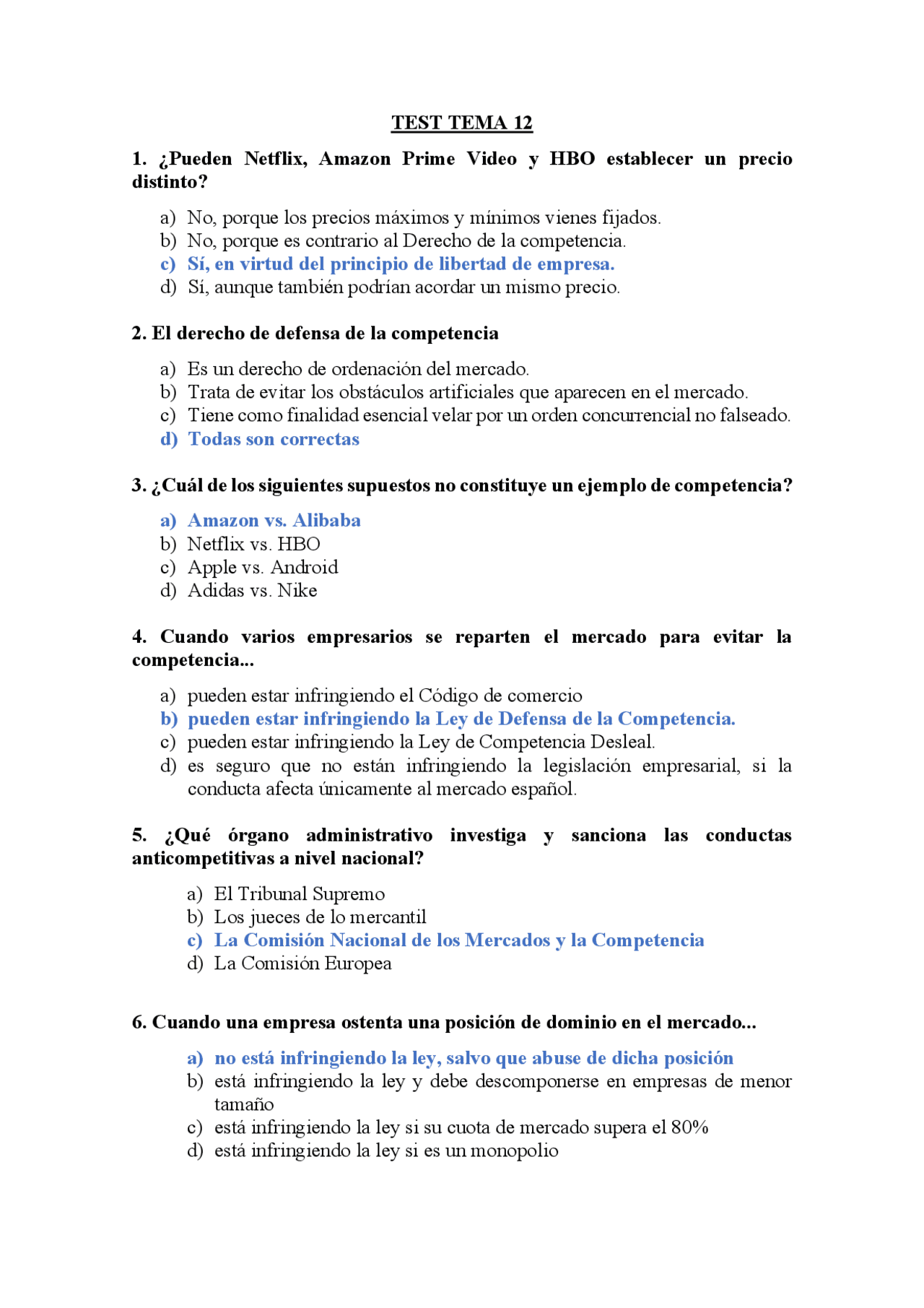 Test Derecho Mercantil Resuelto Tema 12 El Derecho De La