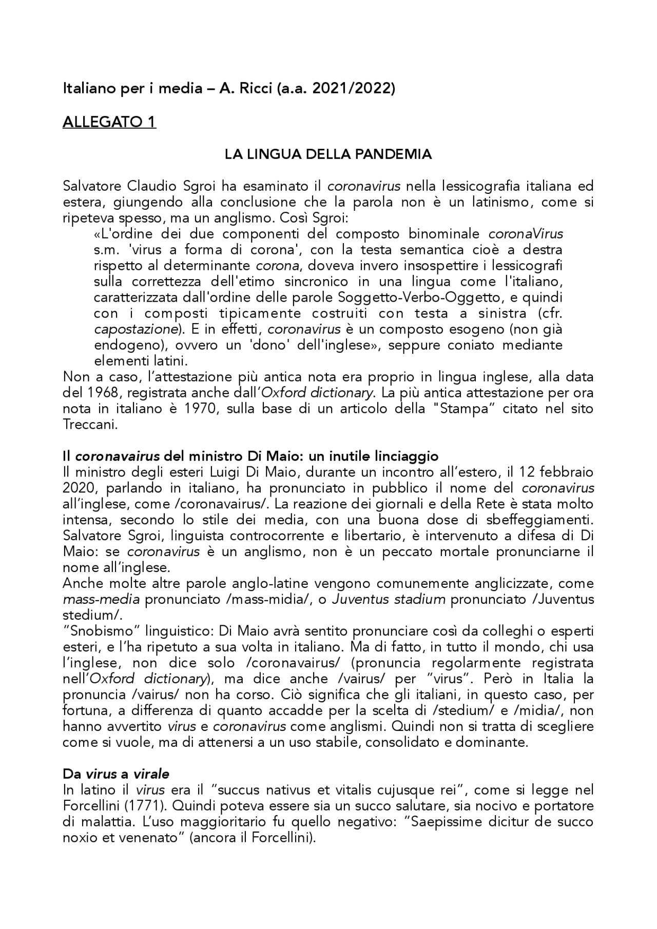 Appunti "italiano per i media" prof. Ricci - Docsity