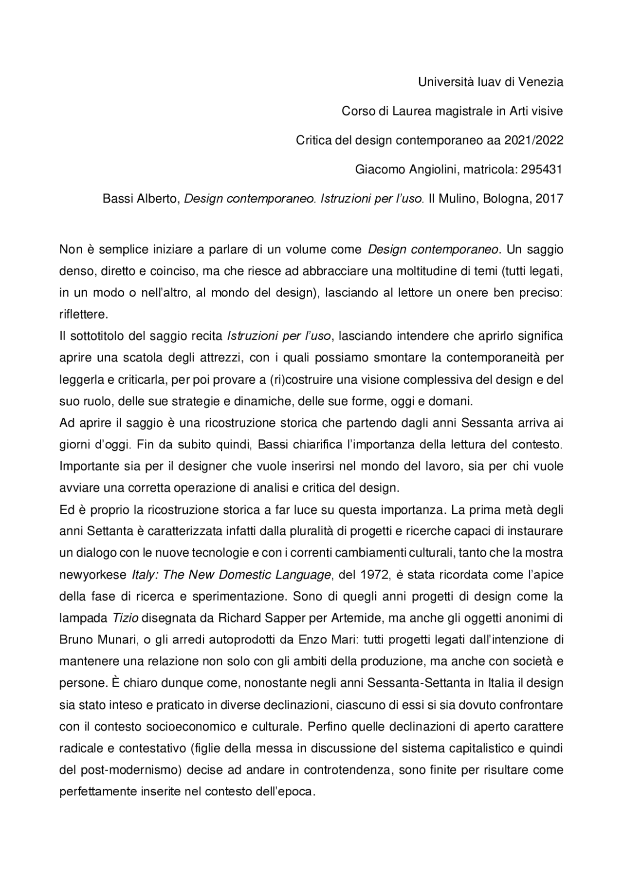 Analisi E Commento Di Design Contemporaneo Di Bassi Docsity