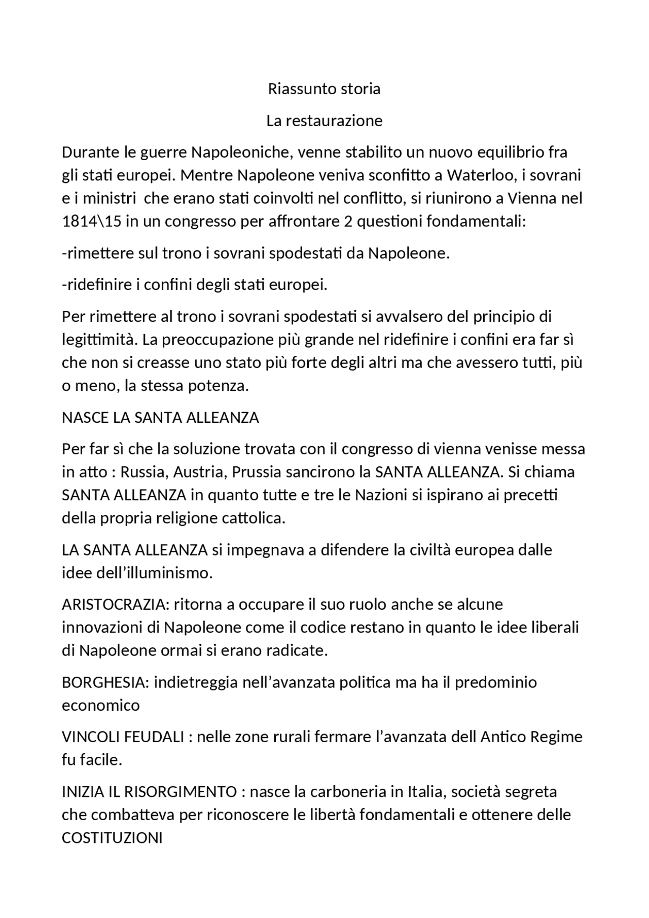 Storia Risorgimento Docsity