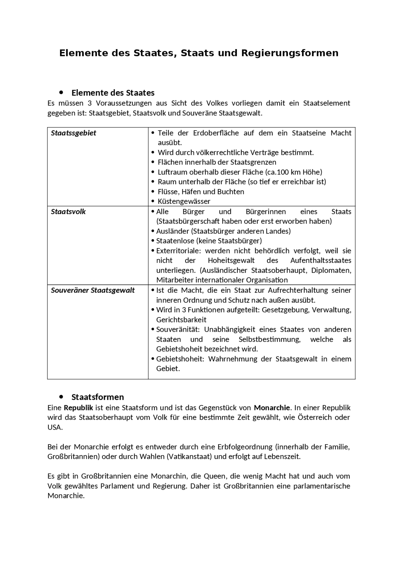 Elemente des Staates, Staats und Regierungsformen - Docsity