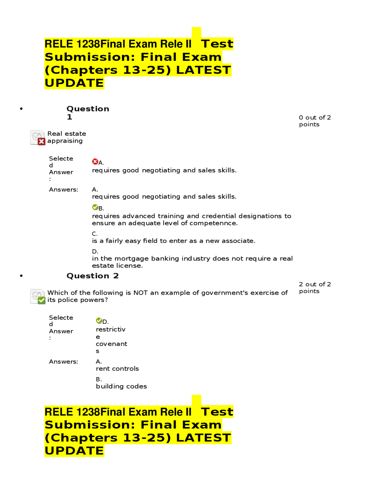 RELE 1238Final Exam Rele II Test Submission: Final Exam (Chapters 13-25 ...