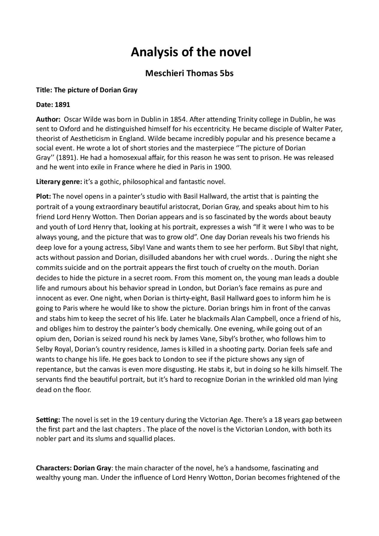 Analysis Of The Novel The Picture Of Dorian Gray Docsity