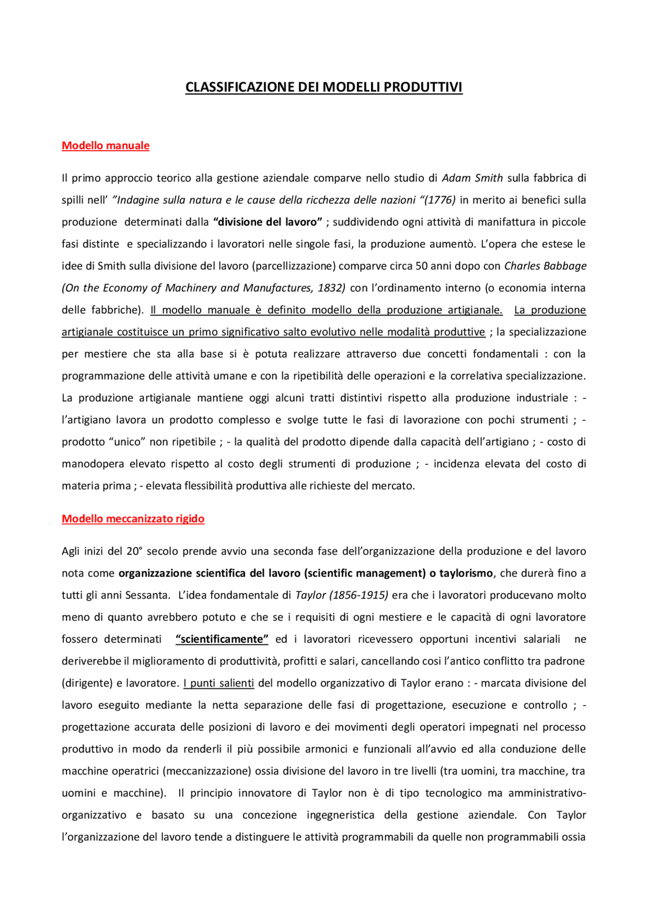 Appunti Classificazione Dei Modelli Produttivi Docsity