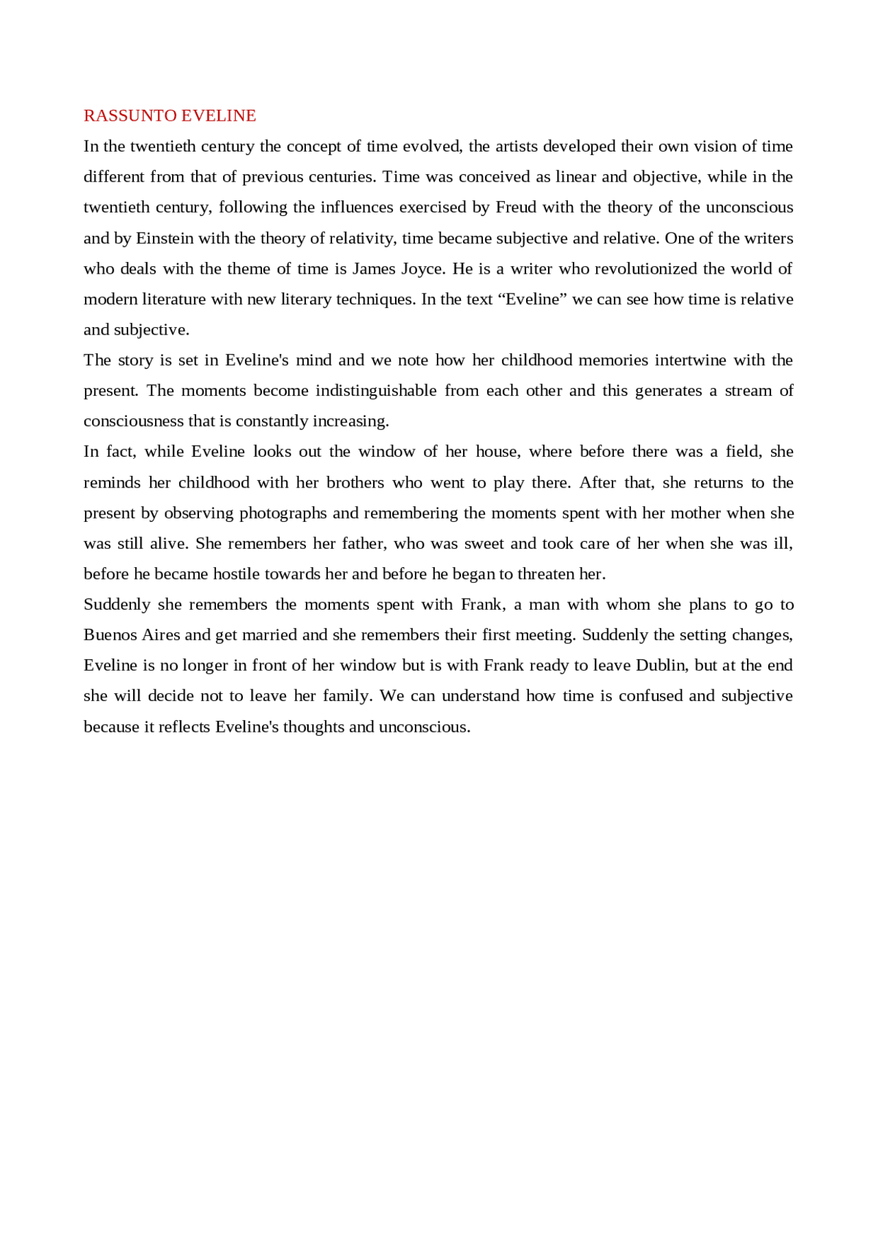 Sintesi Eveline James Joyce Docsity