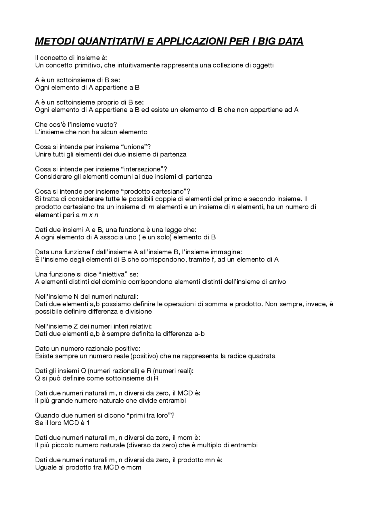 Quiz Finale Metodi Quantitativi E Applicazione Per I Big Data Schemi