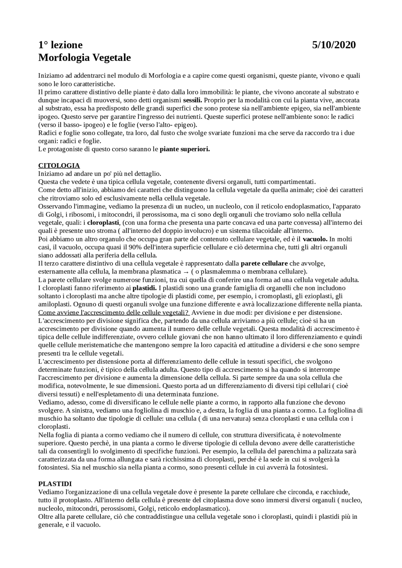 Introduzione Alla Cellula Vegetale Docsity