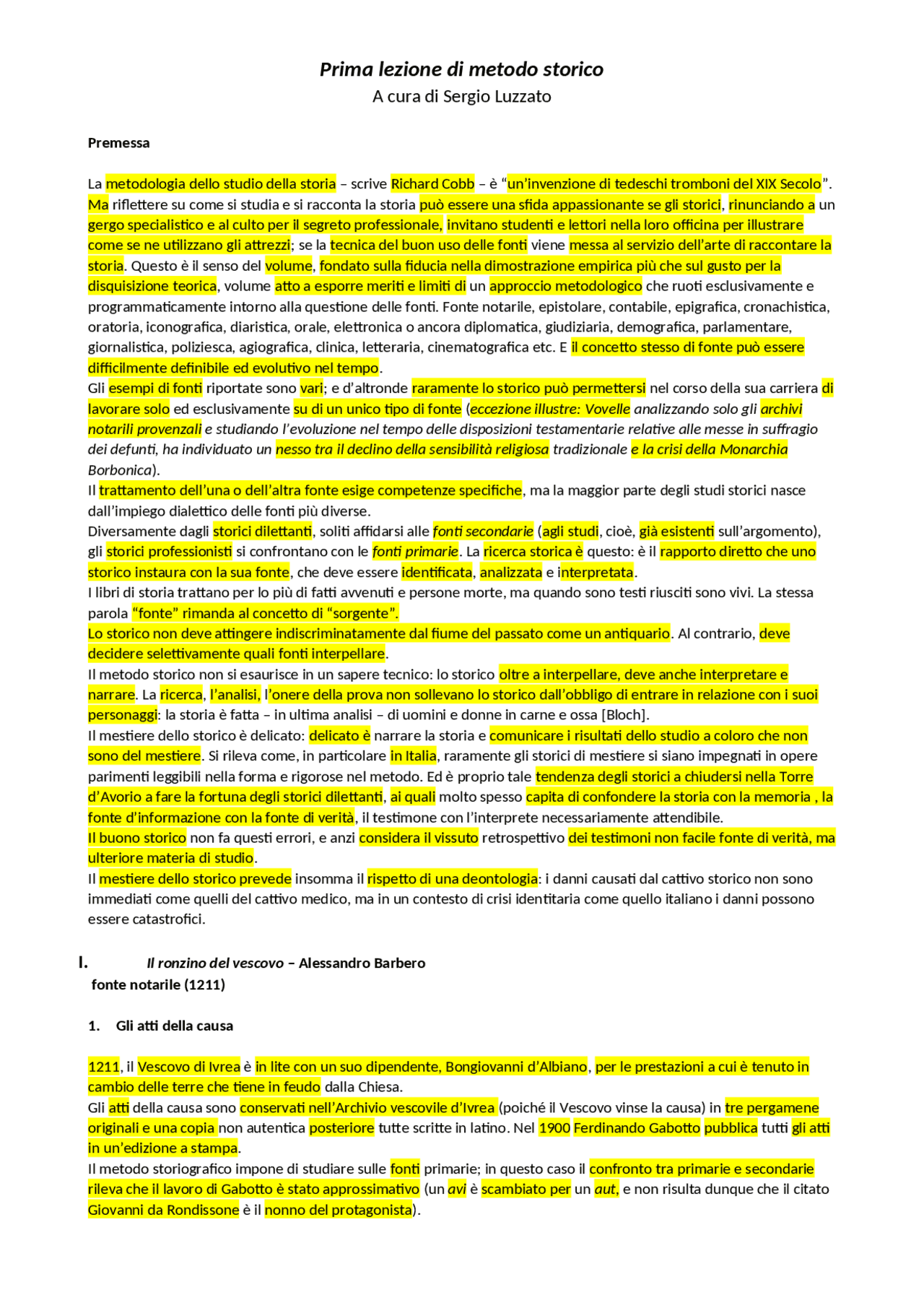 Luzzato Prima Lezione Di Metodo Storico Docsity