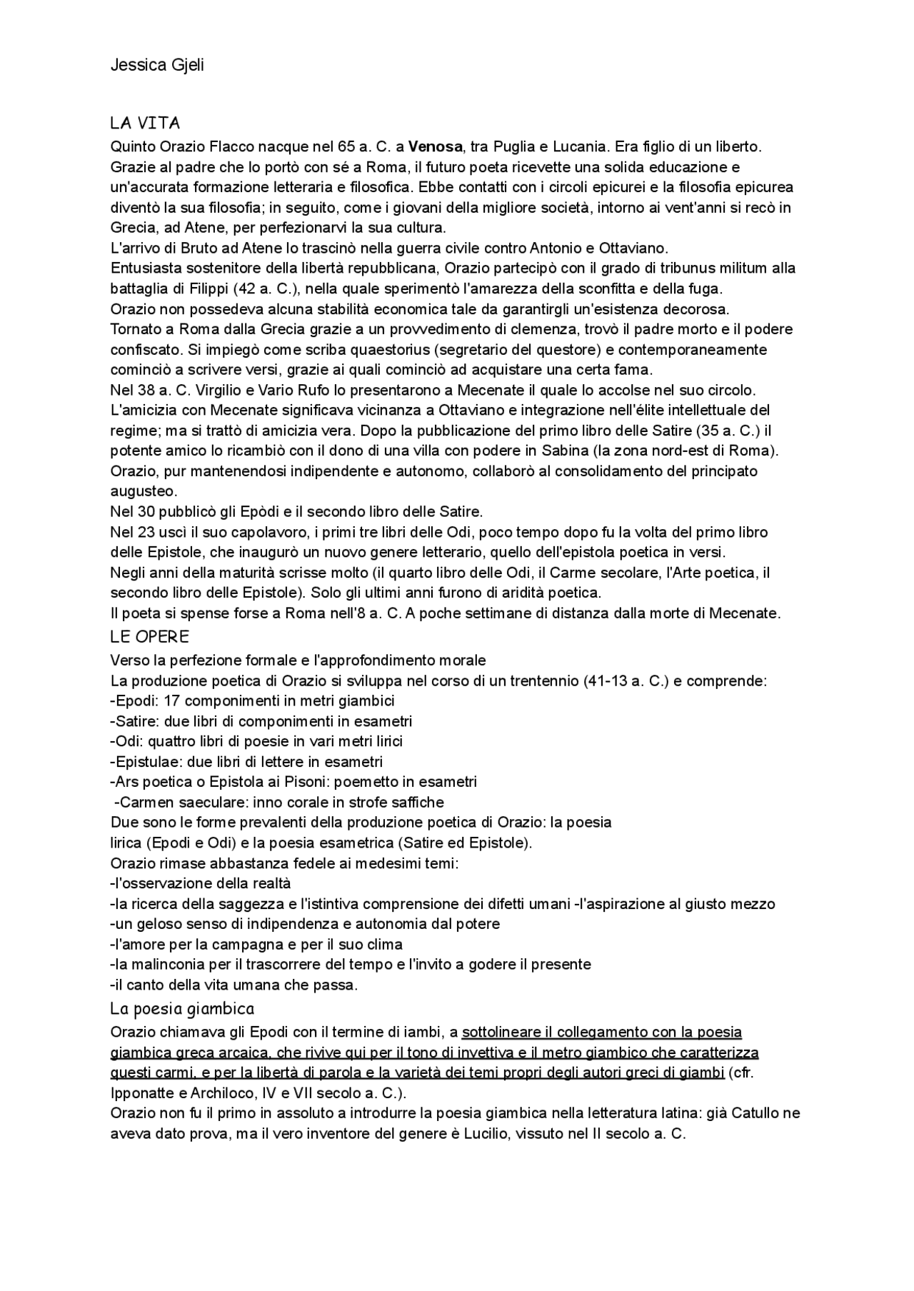 Orazio Vita E Opere Riassunto Docsity