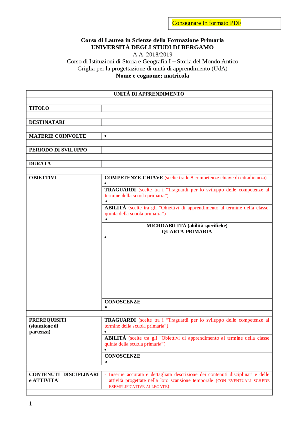 Griglia per progettazione si un uda - Docsity