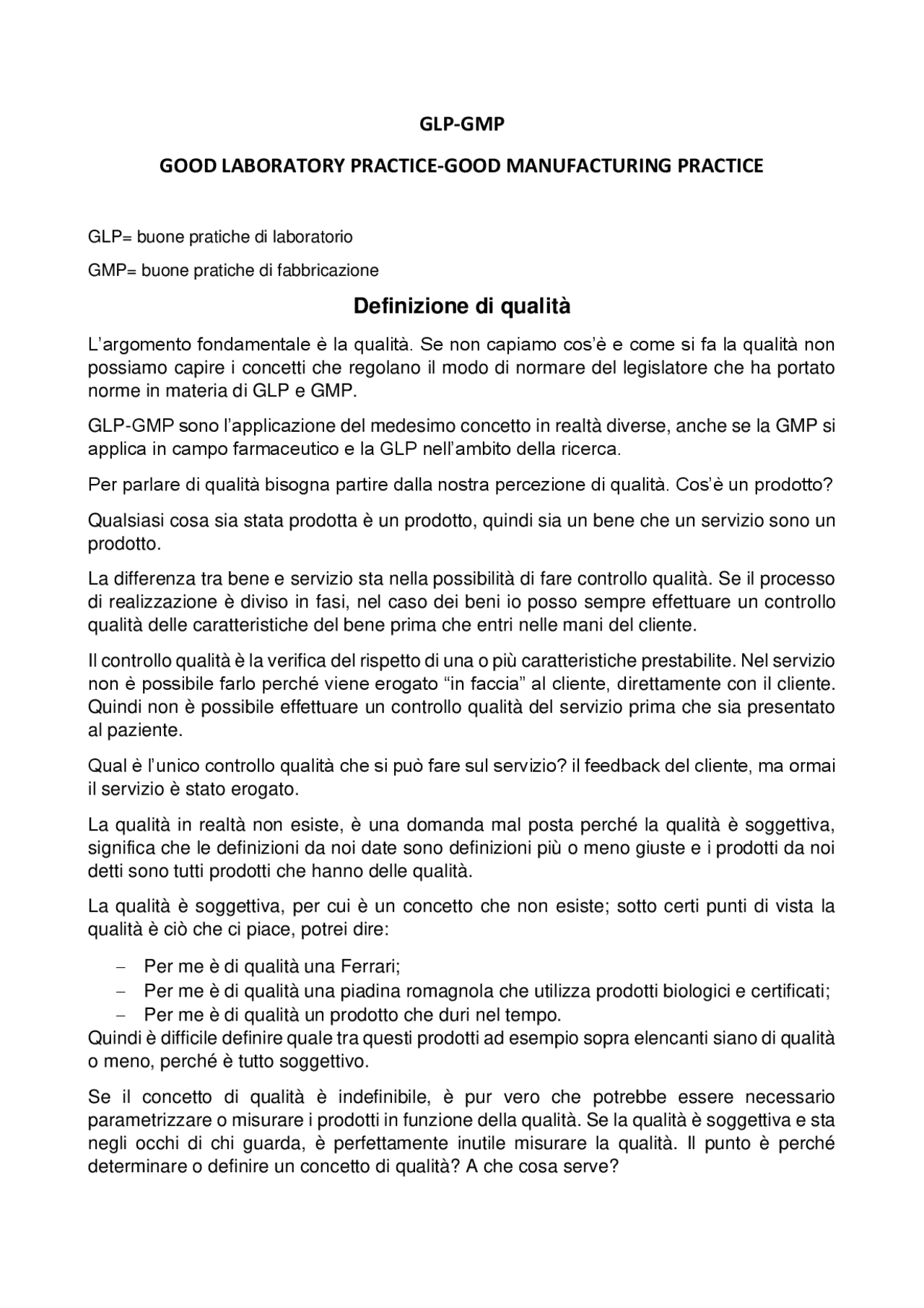 GLP-GMP GOOD LABORATORY PRACTICE-GOOD MANUFACTURING PRACTICE - Docsity