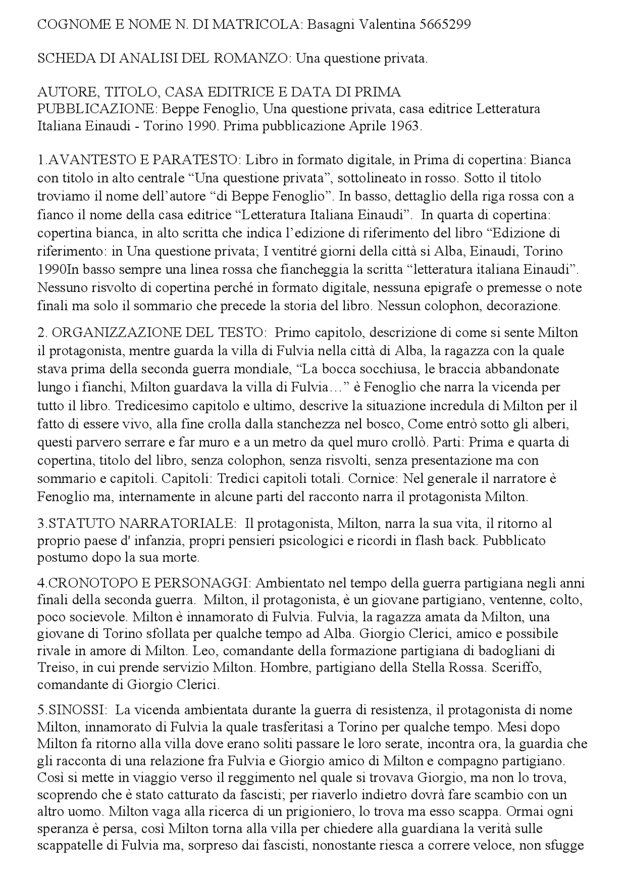 Una Questione Privata Scheda Libro Per Esame Docsity