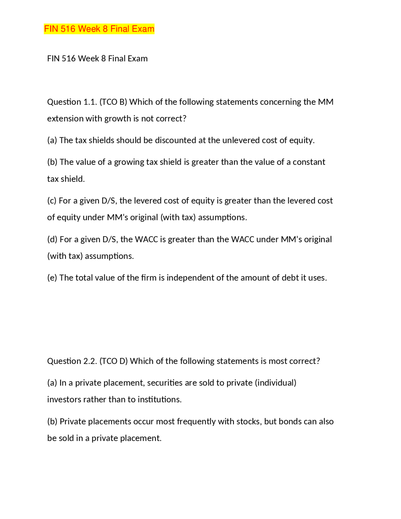 FIN 516 Week 8 Final Exam - Docsity