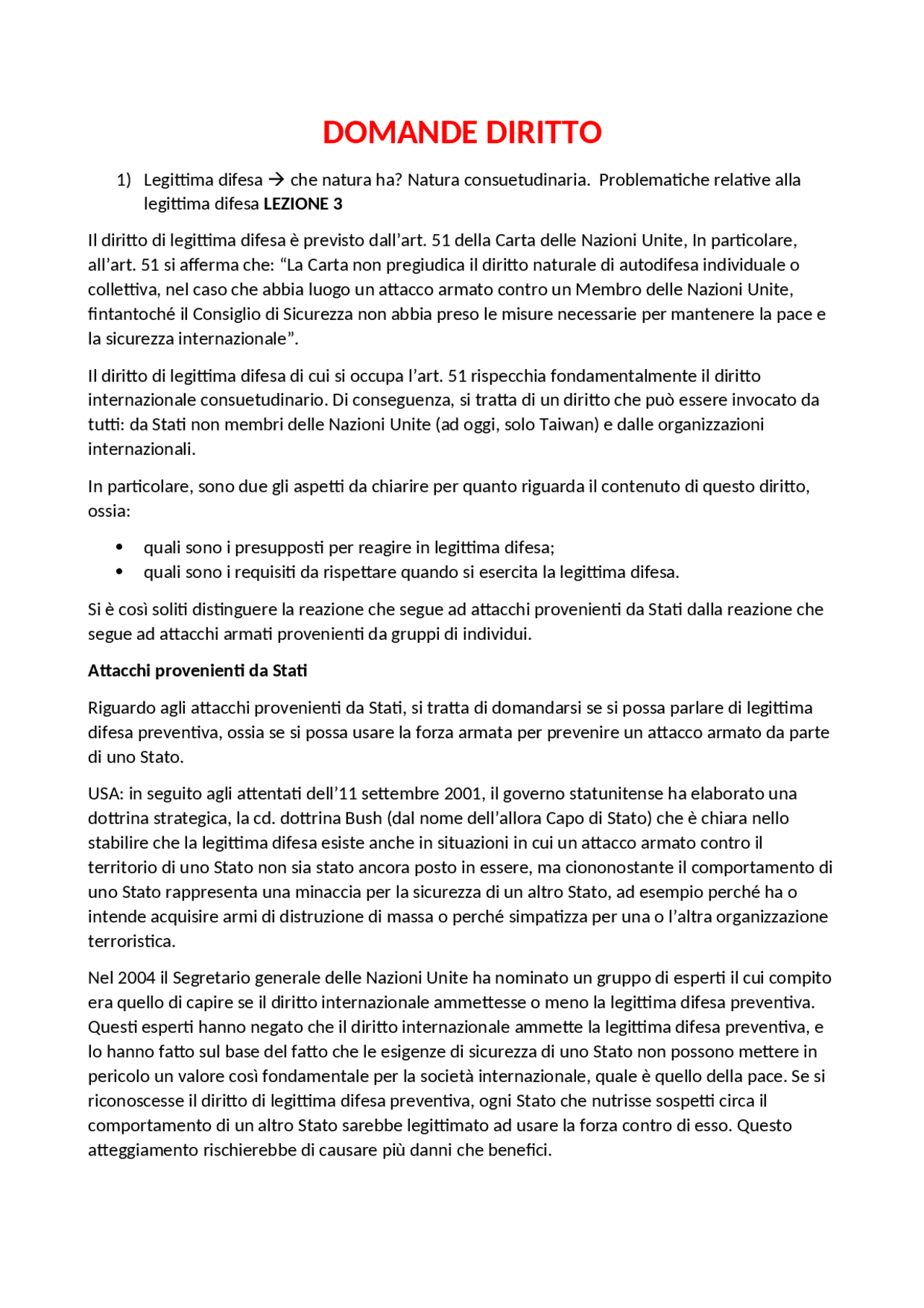 Risposte a domande diritto internazionale | Esercizi di Diritto Internazionale - Docsity