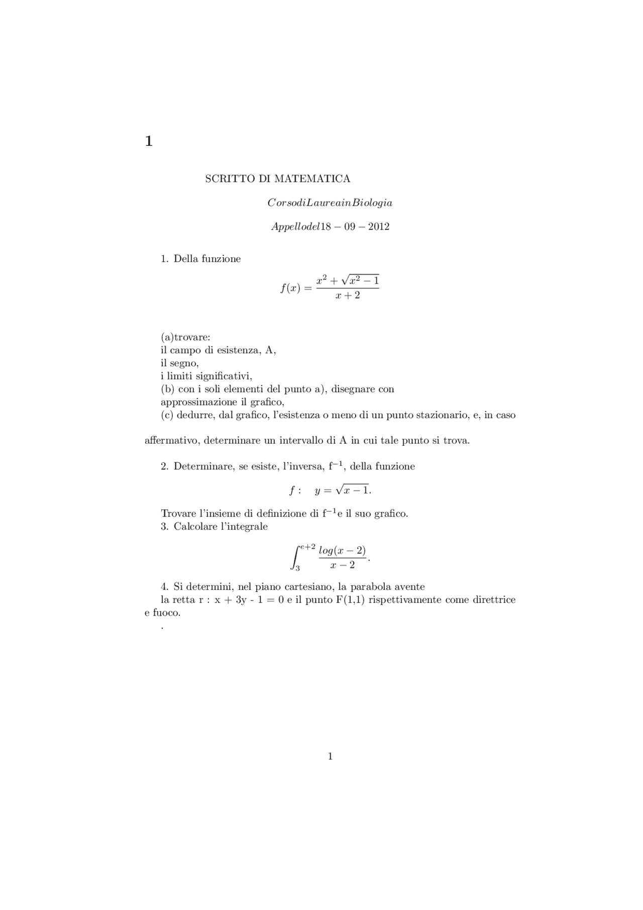 MATEMATICA PROVA DI ESAME - Docsity