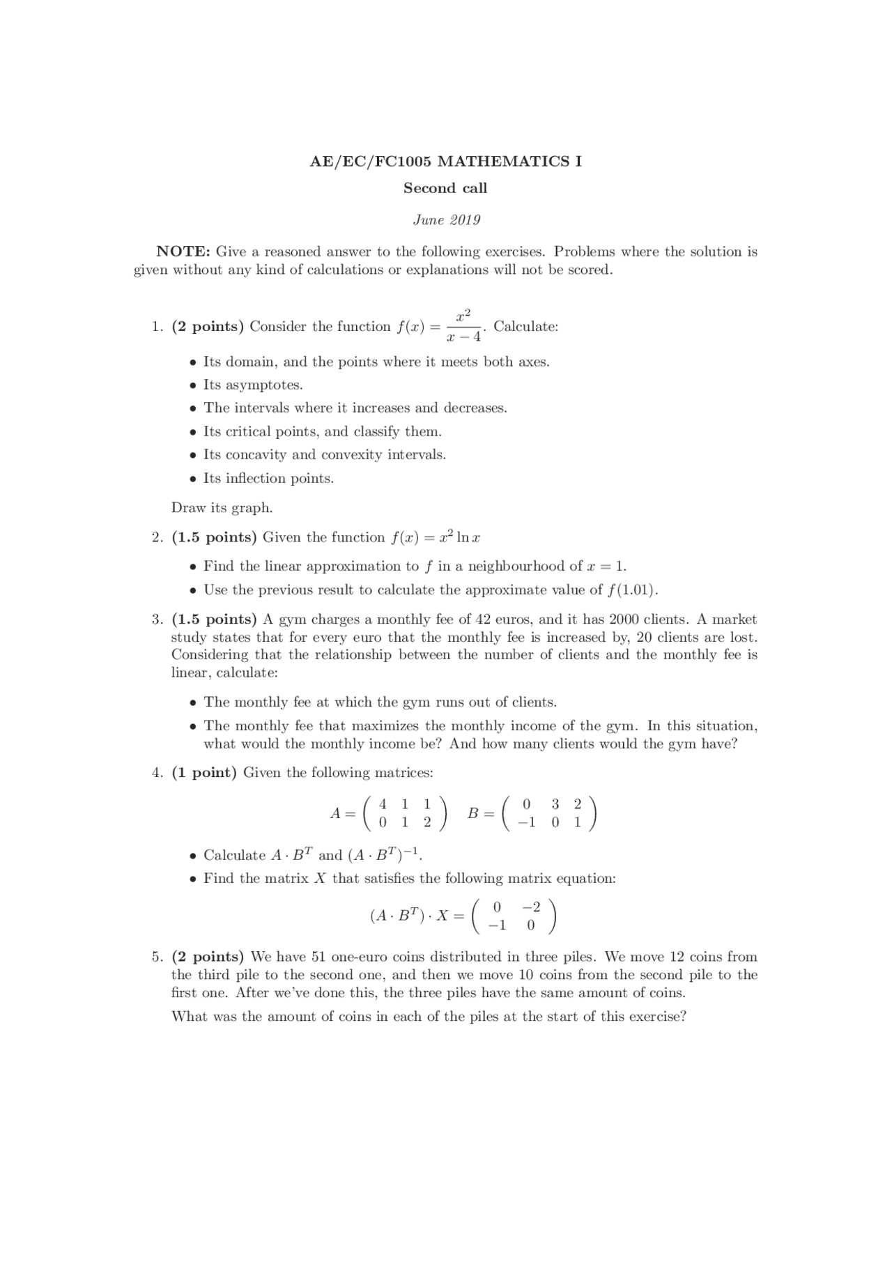 Examen Final - Junio 2019 - Matemáticas I Inglés - Docsity