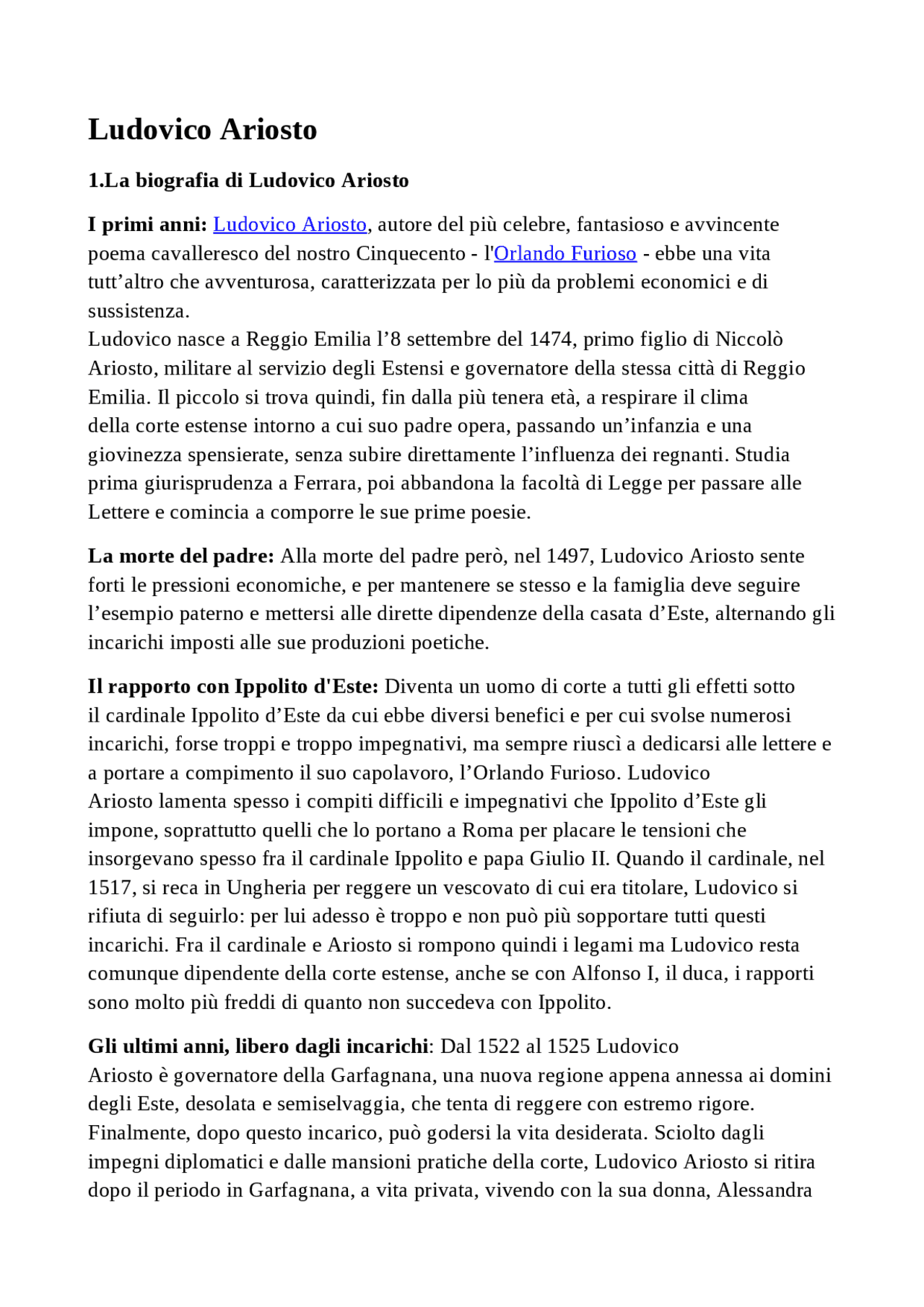 Appunti Su Ludovico Ariosto Docsity