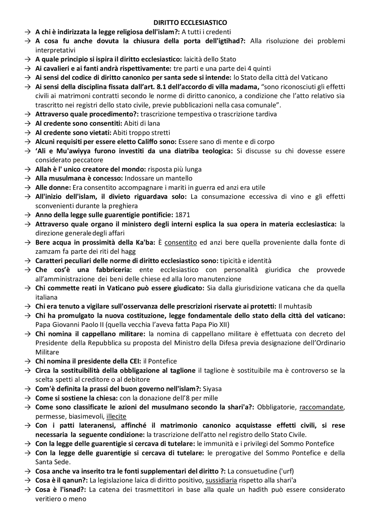 DOMANDE e RISPOSTE di "Diritto Ecclesiastito" - Pegaso aggiornato al 01/2022 - Docsity