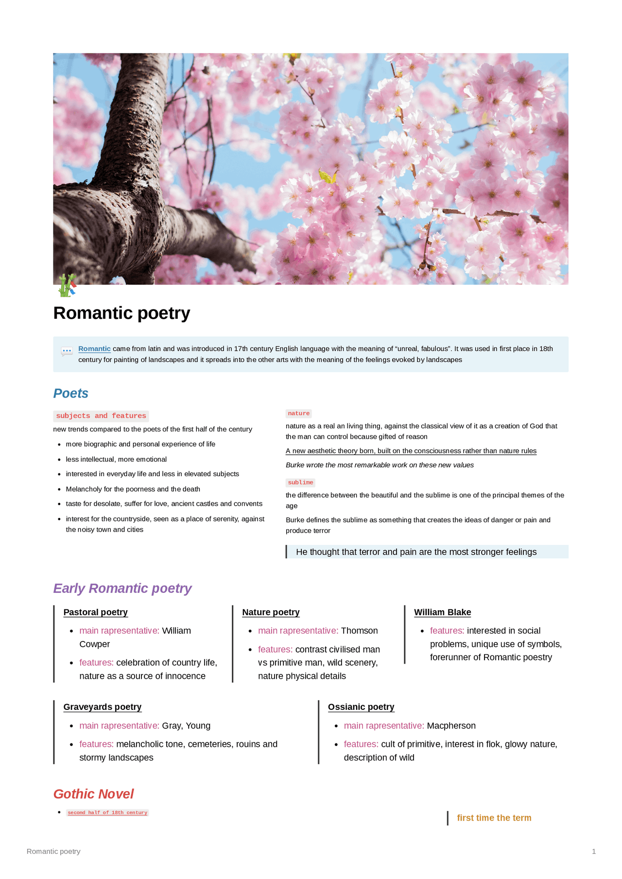 Romantic Poetry, Early poets, Gothic, Late poets - Docsity