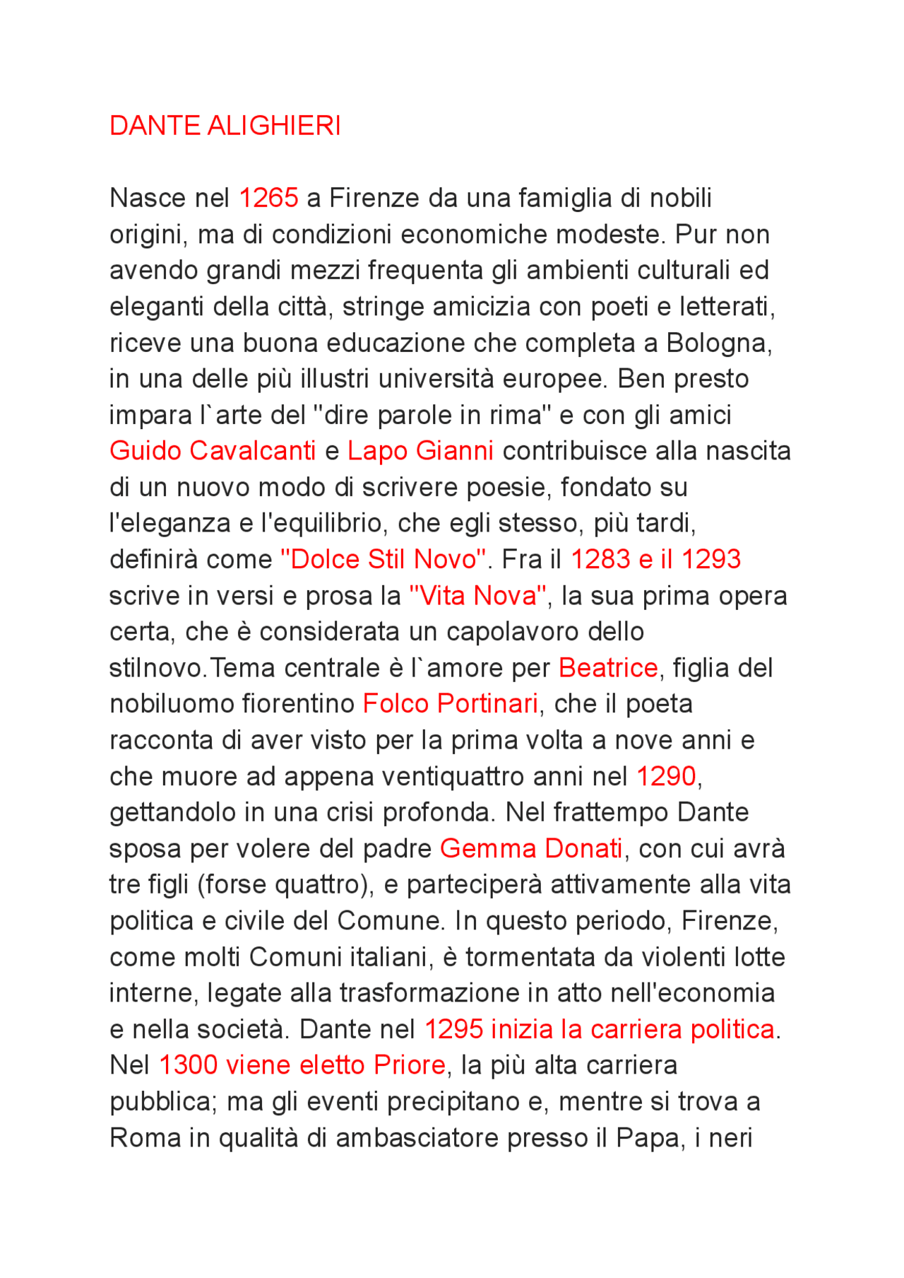 Riassunto su vita e opere di dante Alighieri - Docsity