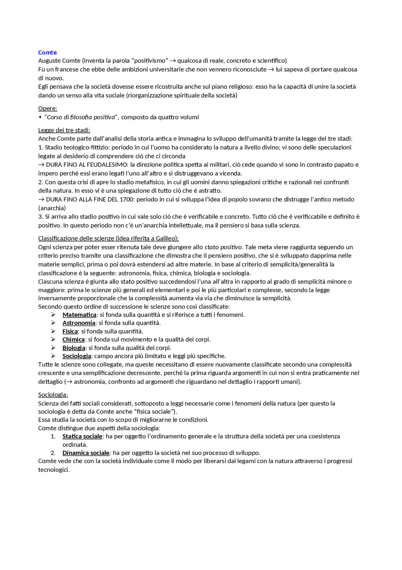 Appunti Su Filosofo Comte Docsity