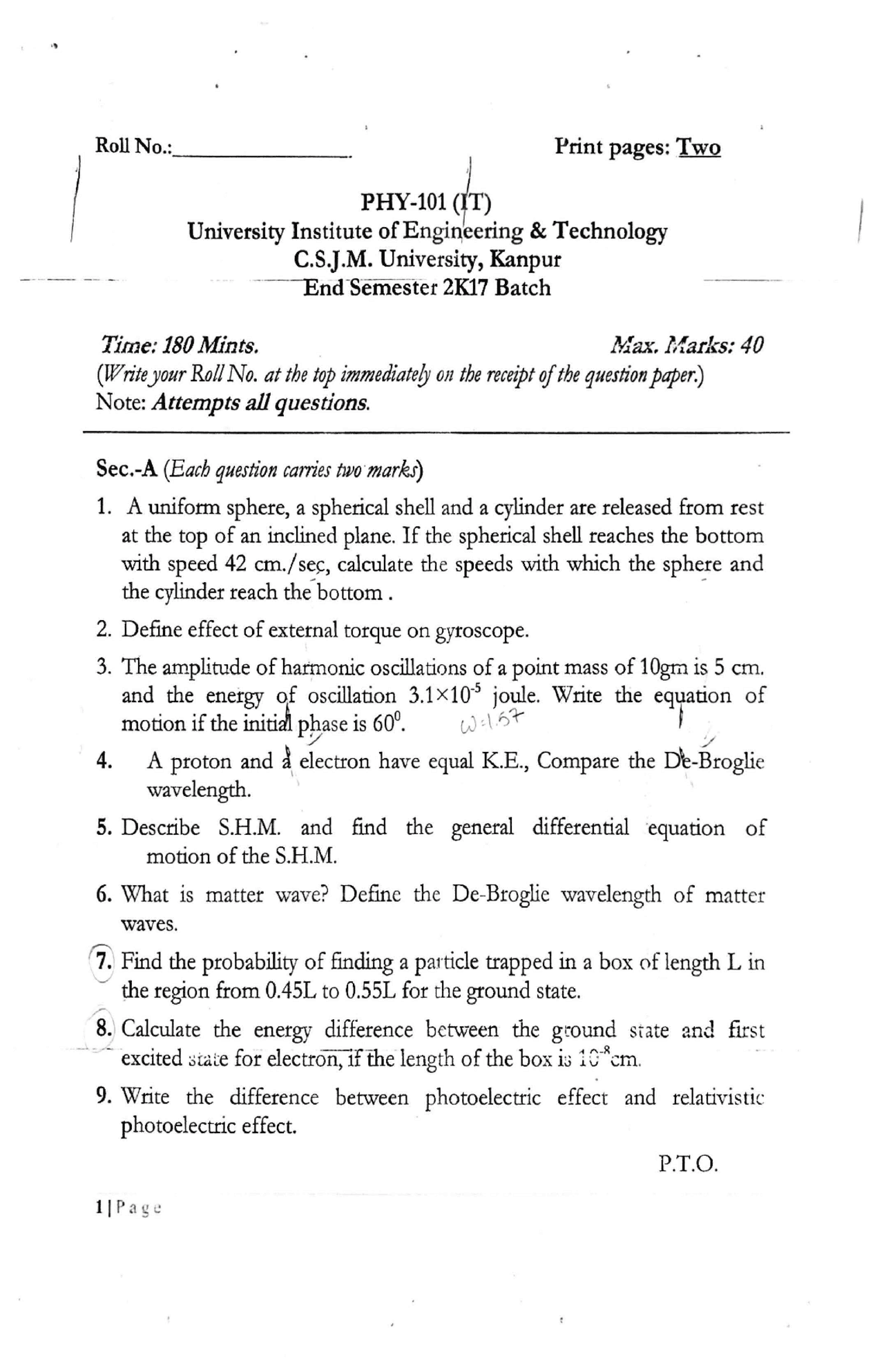 Physicss101 Question Paper Uiet Kanpur Docsity