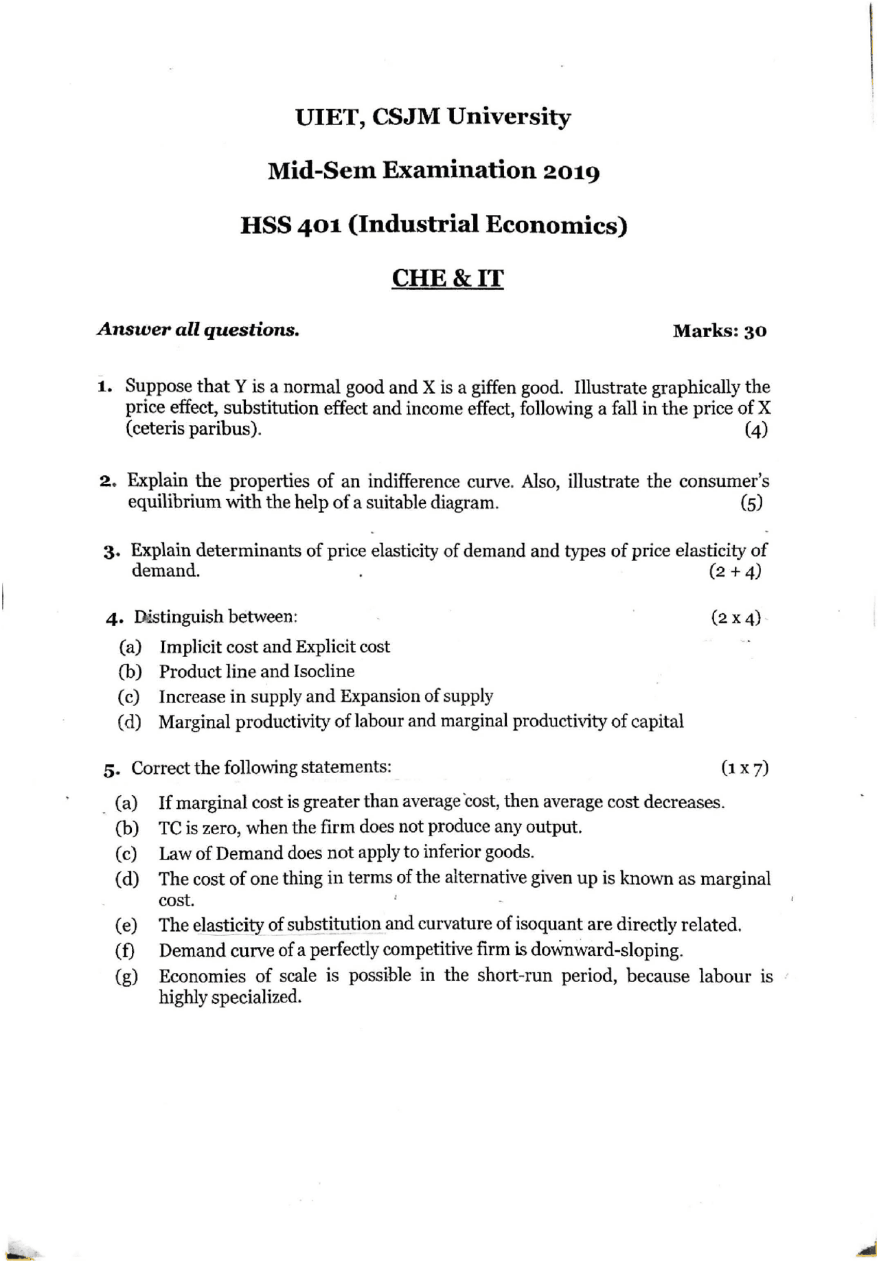 Semester-4 all subject question paper, UIET,Kanpur - Docsity