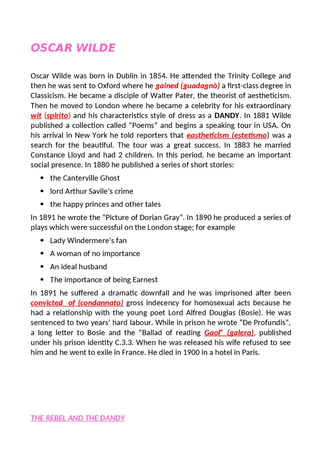 Oscar Wilde: life and "The picture of Dorian Gray" - Docsity