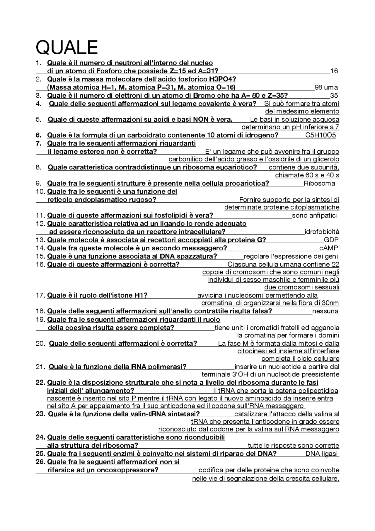 Domande Chiuse Fondamenti Di Biologia E Chimica E Campus Prof