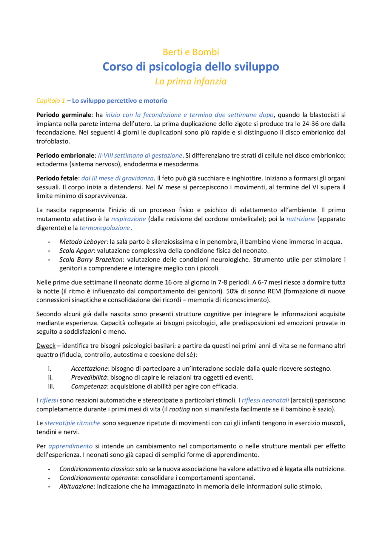Riassunto Di Corso Di Psicologia Dello Sviluppo Berti E Bombi Docsity