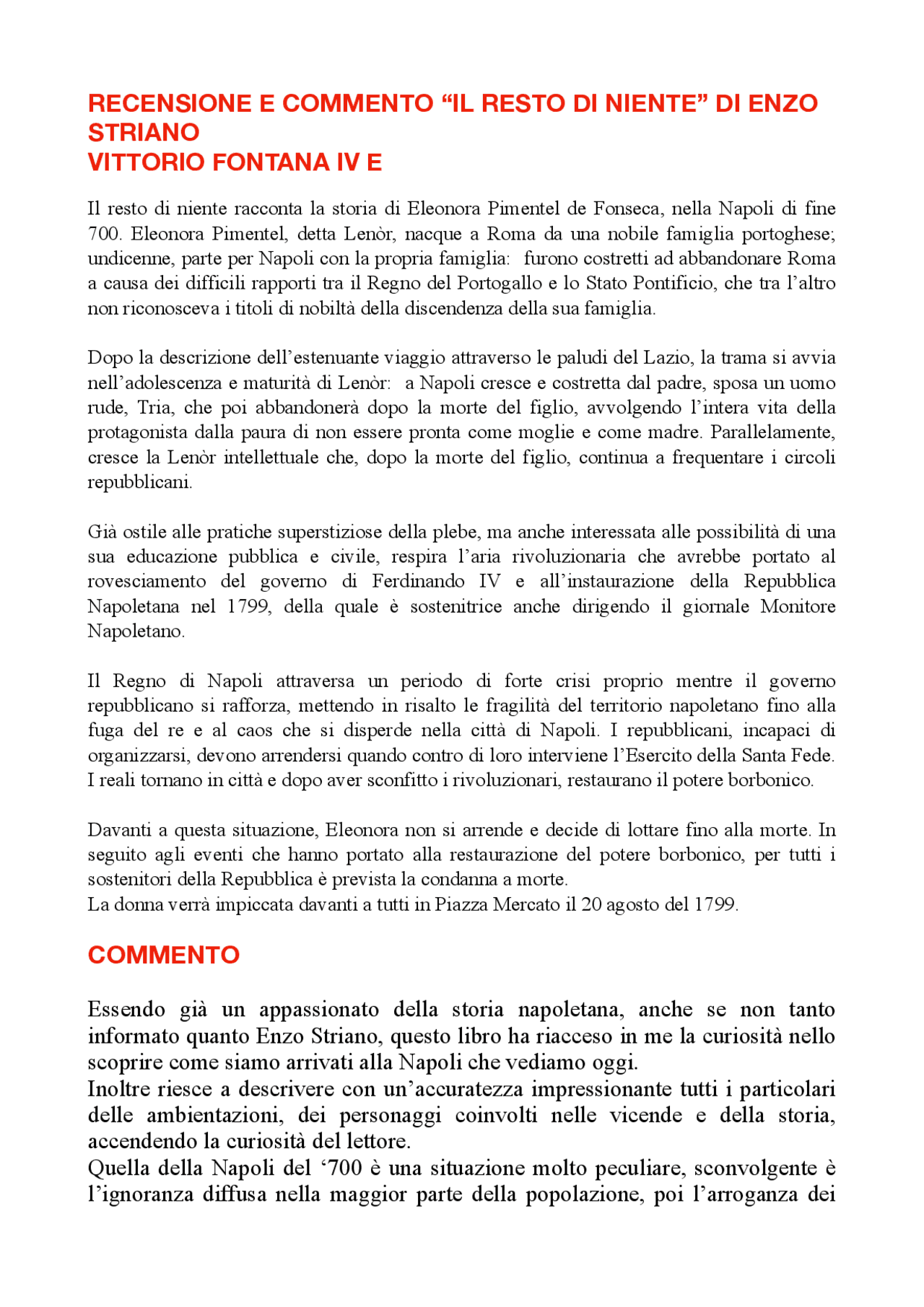 Riassunto E Commento Il Resto Di Niente Di Enzo Striano Docsity