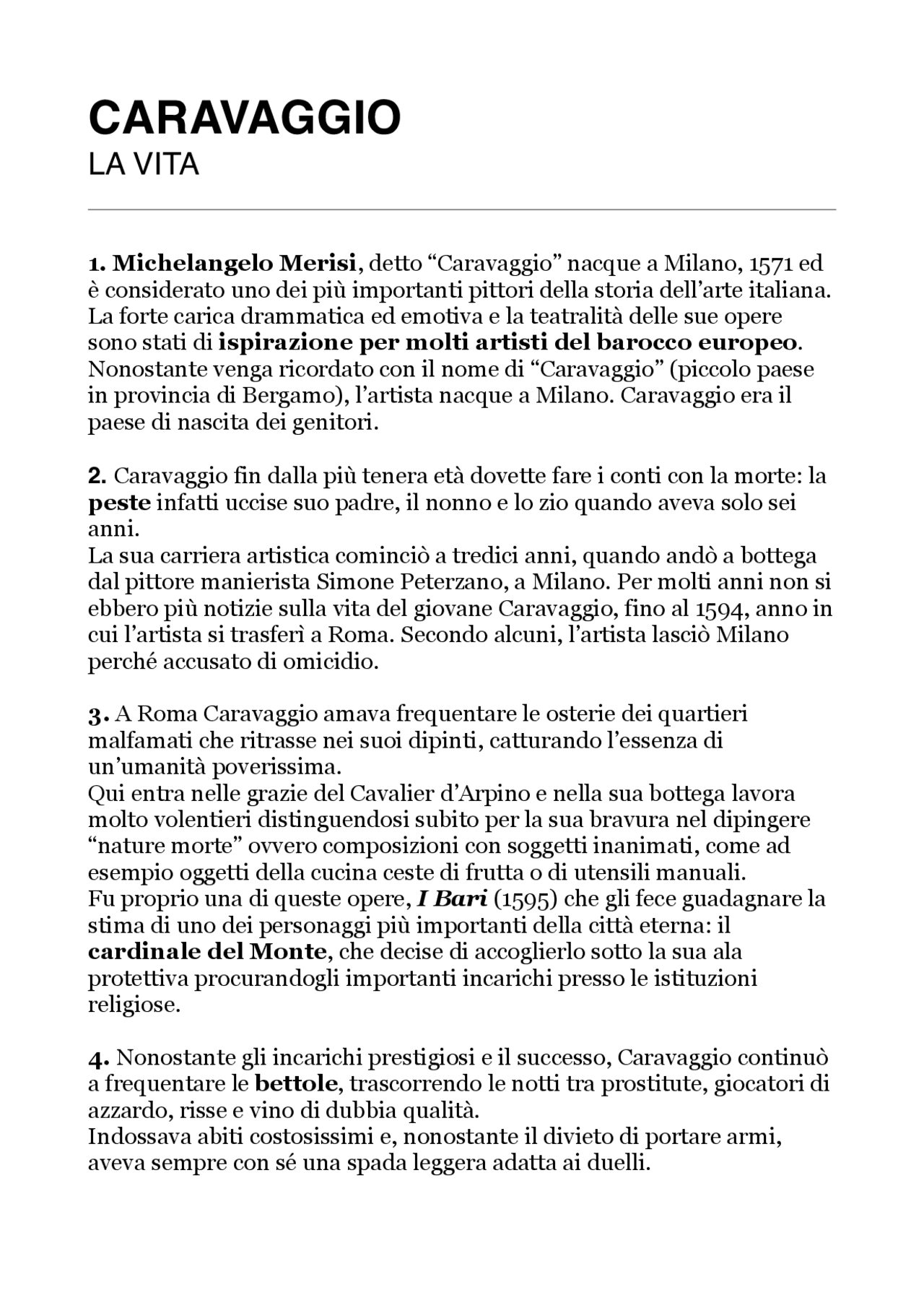 Caravaggio riassunto - Docsity
