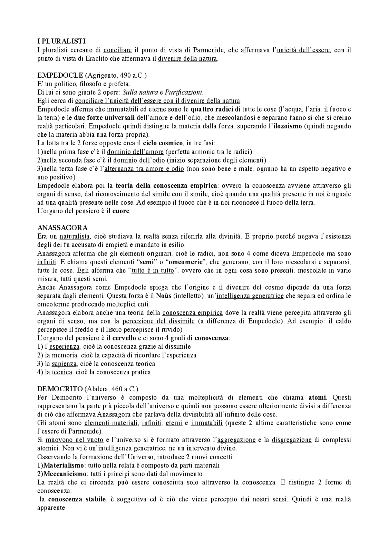 I Pluralisti Empedocle Anassagora E Democrito Docsity