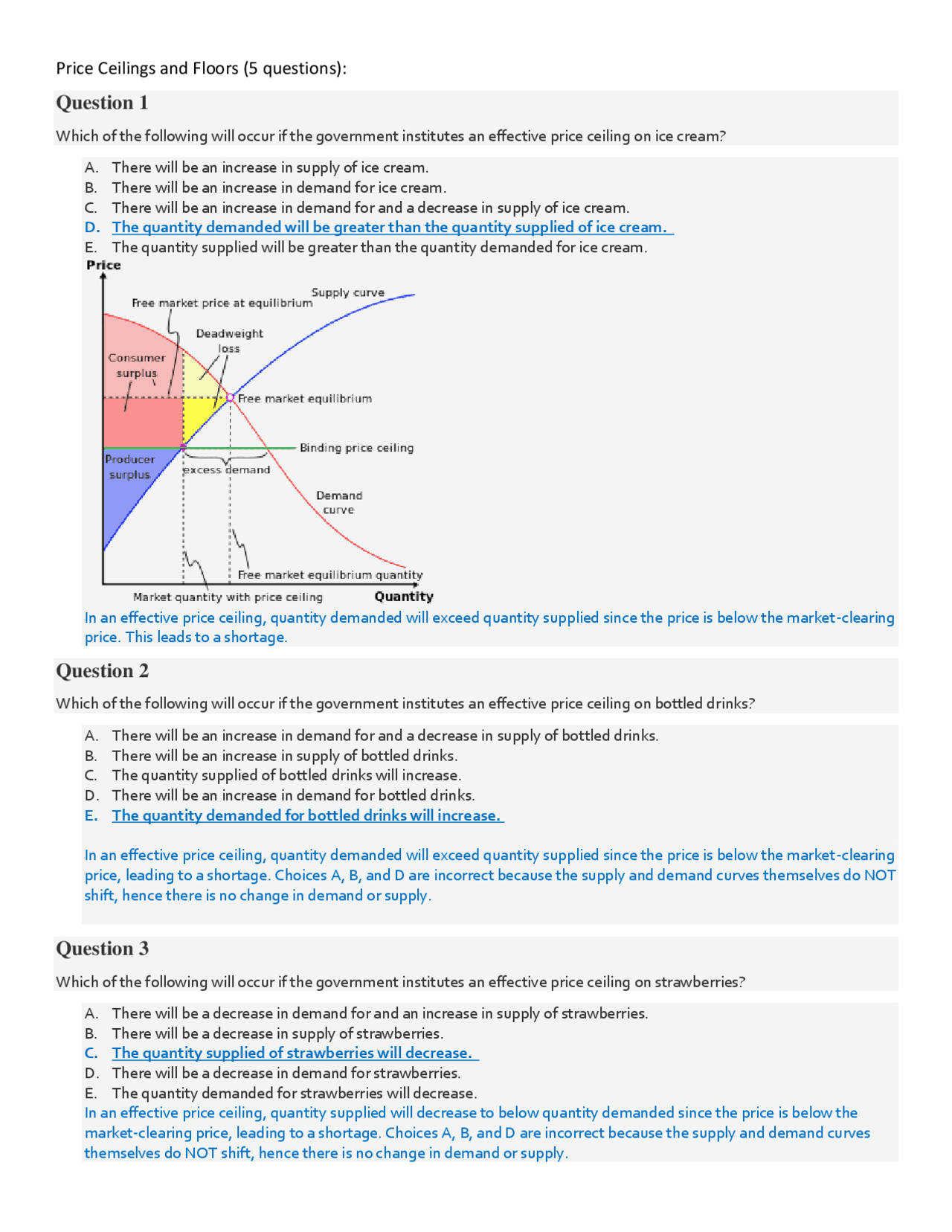 Economics Questions with Explanations - Price Celling and Floors ...