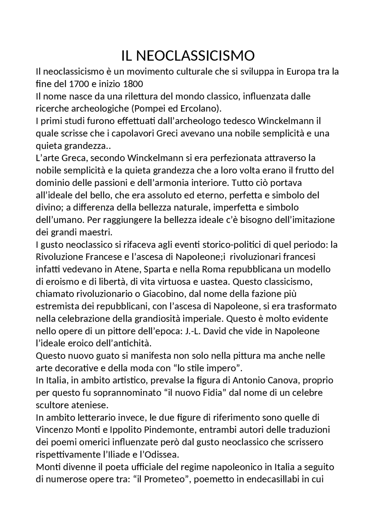 Appunti Generali Sul Neoclassicismo Docsity