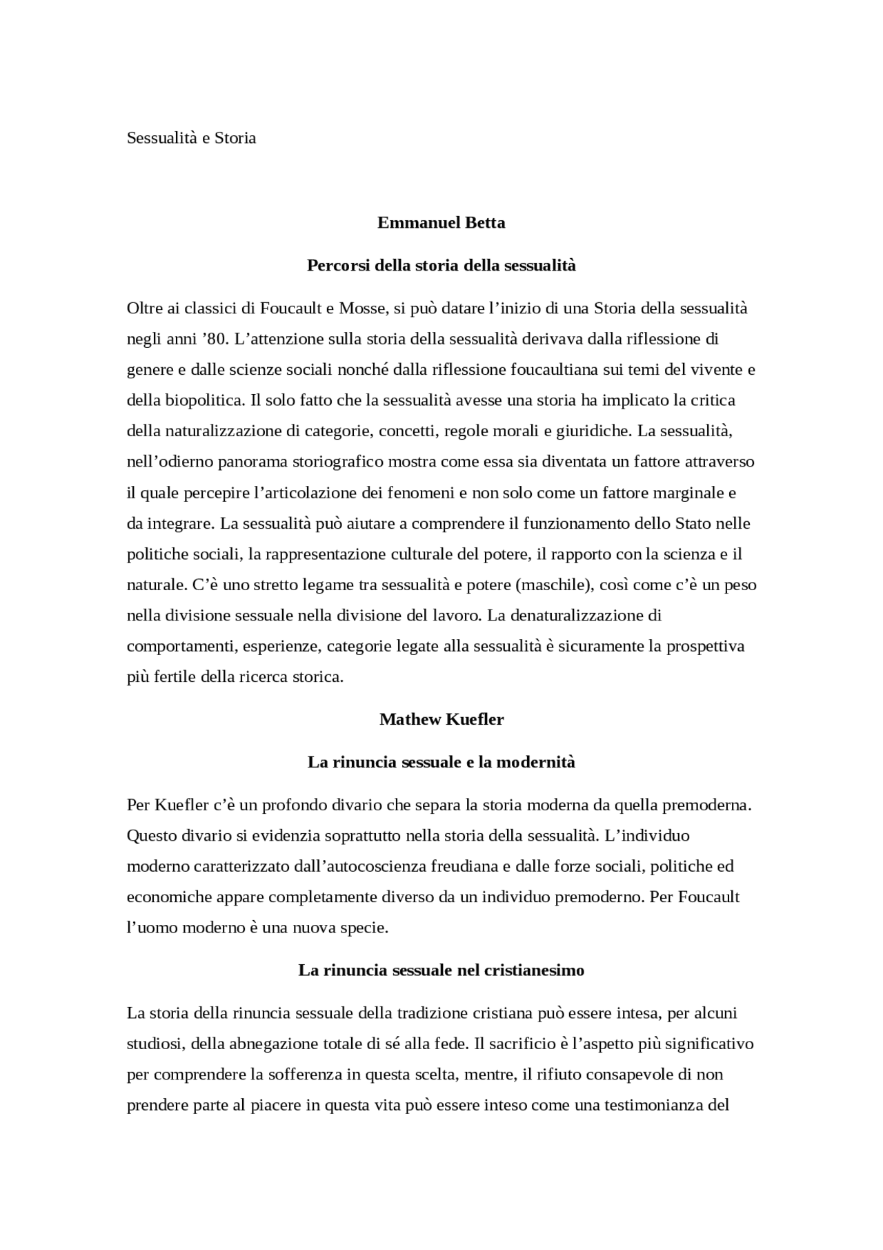 Sessualità e storia, Storia delle donne di Genere, Esame Laura ...