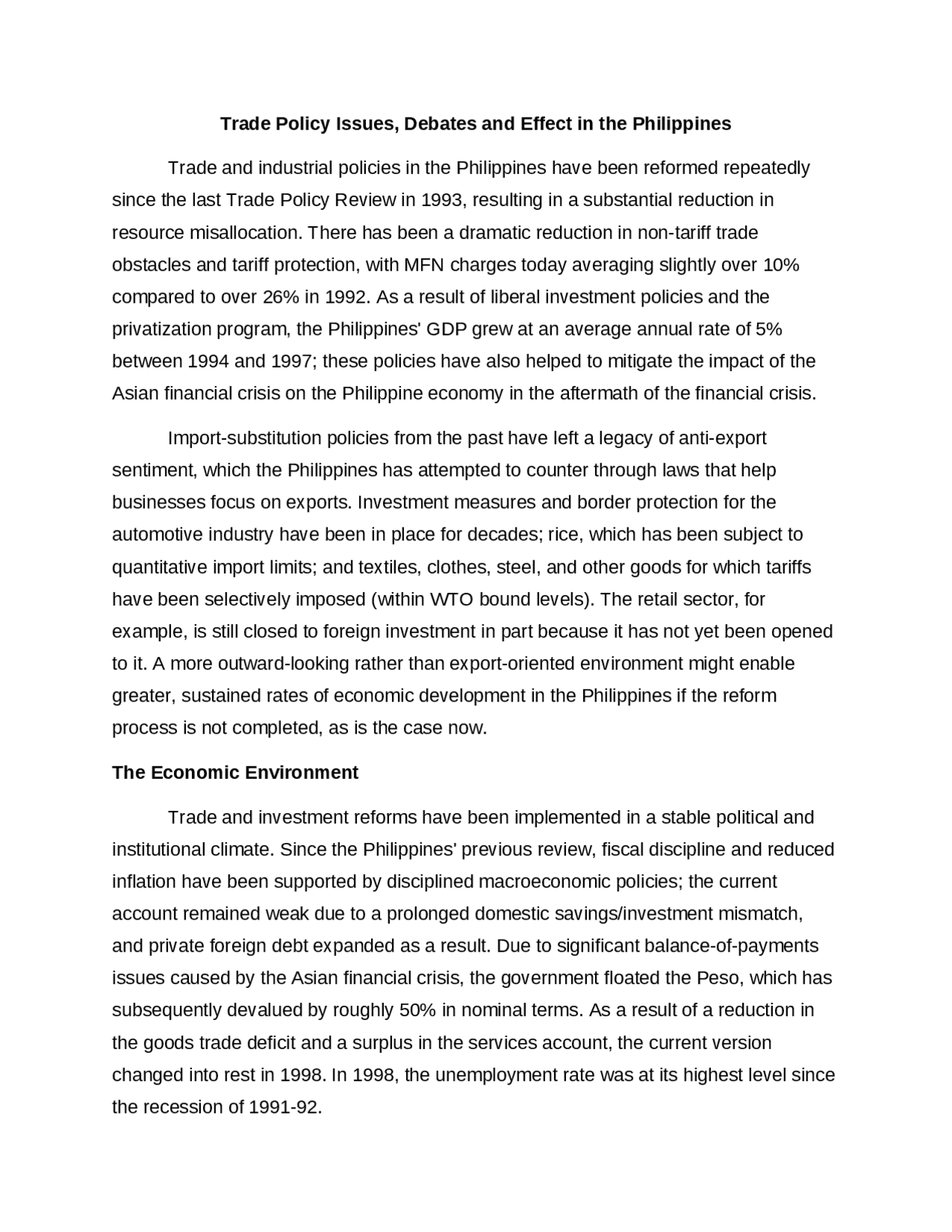 Trade Policy Issues, Debates and Effect in the Philippines - Docsity