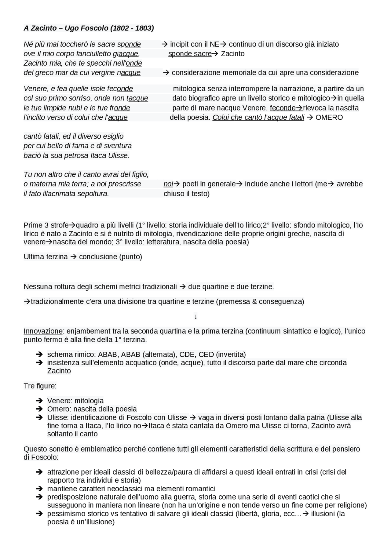 Foscolo A Zacinto Testo Analisi Del Testo E Metrica Docsity