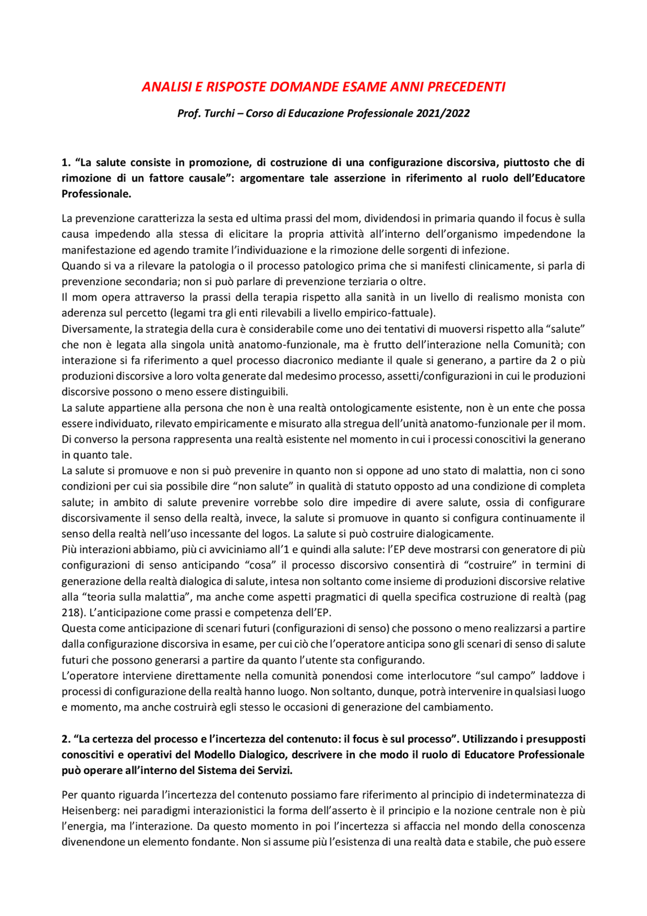 Esercitazione Domande E Risposte Esame Prof Turchi Docsity