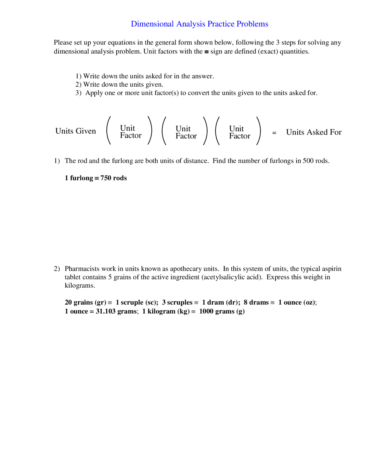 Dimensional Analysis Practice Problems - Docsity