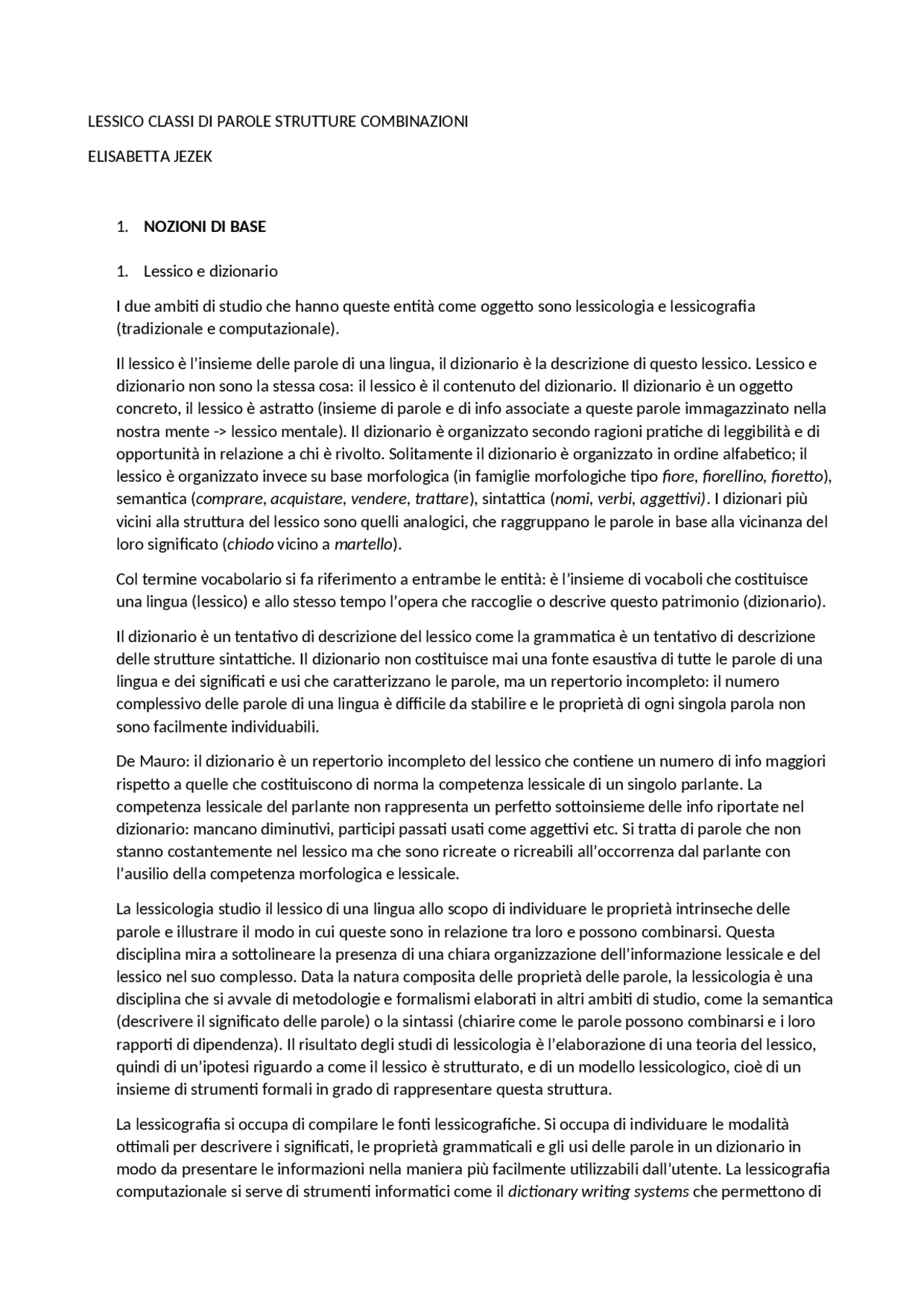 Appunti Su Lessico Classi Di Parole Strutture Combinazioni Di E