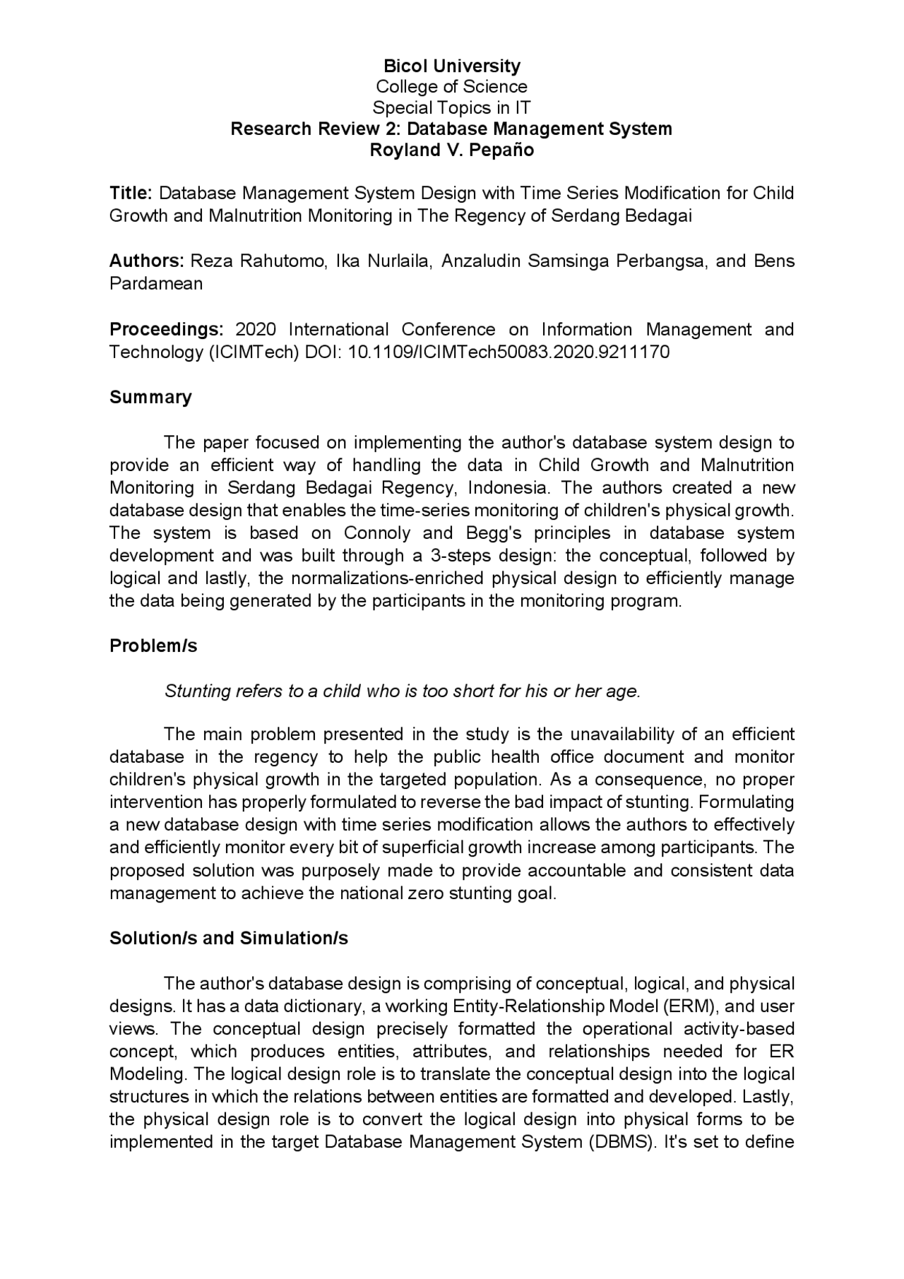 Database Management System Design with Time Series Modification - Docsity