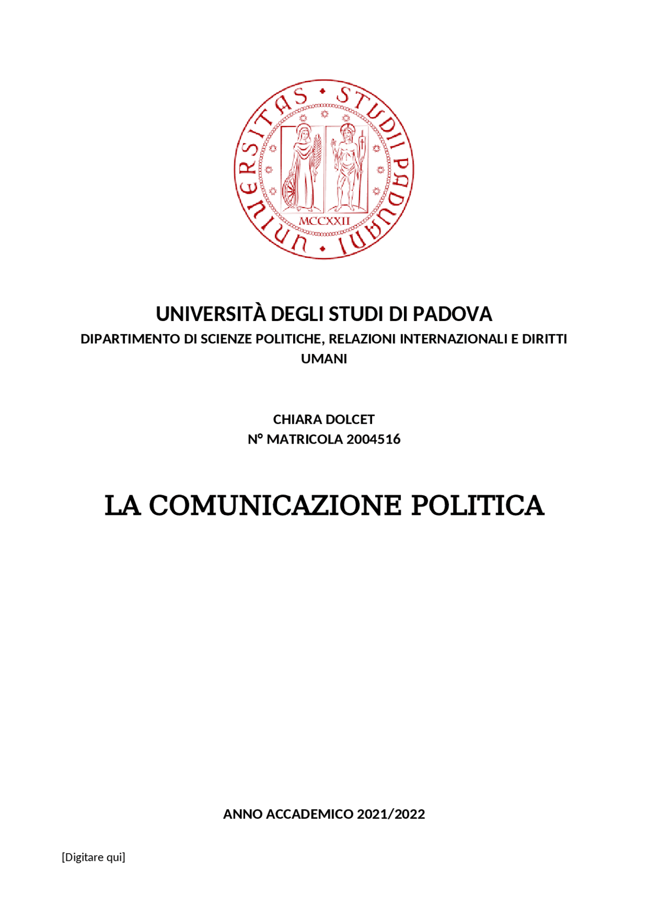 Esempio paper scienza politica | Prove d'esame di Scienza Politica | Docsity