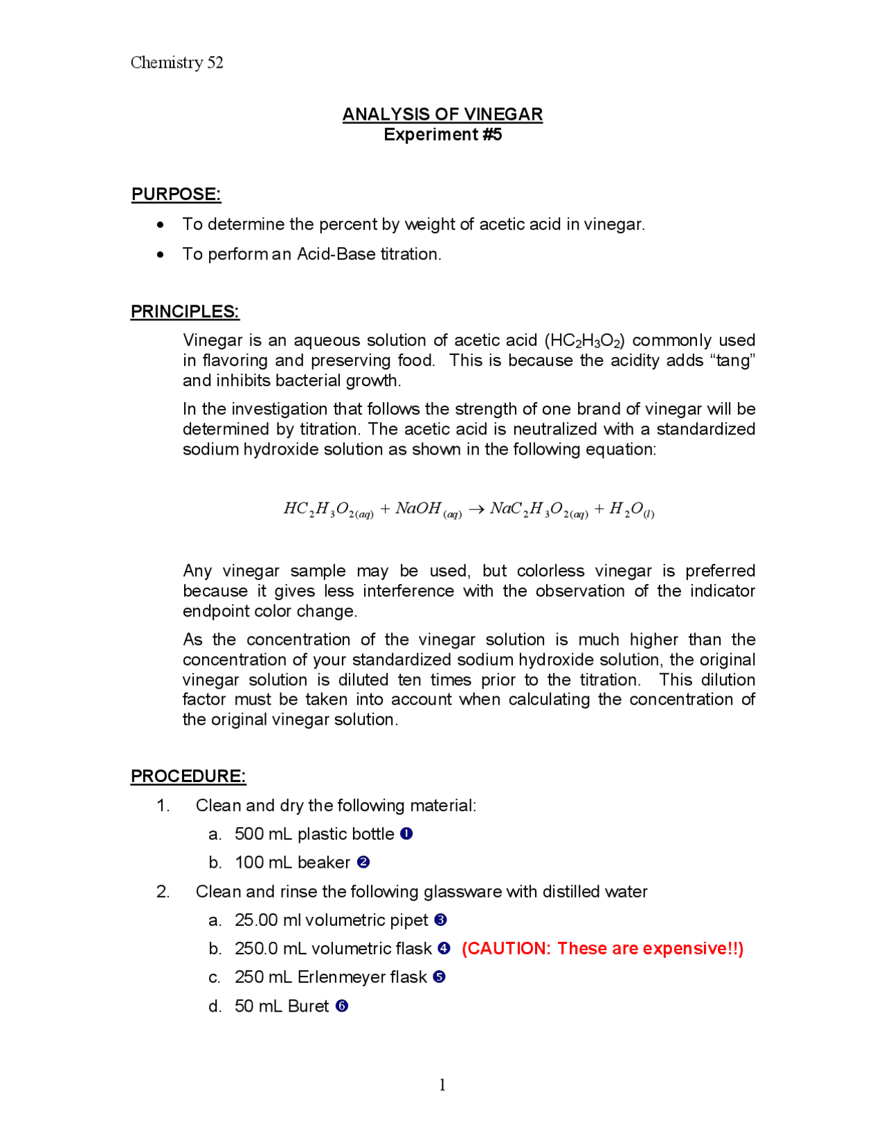 Analysis of vinegar by titration - Docsity